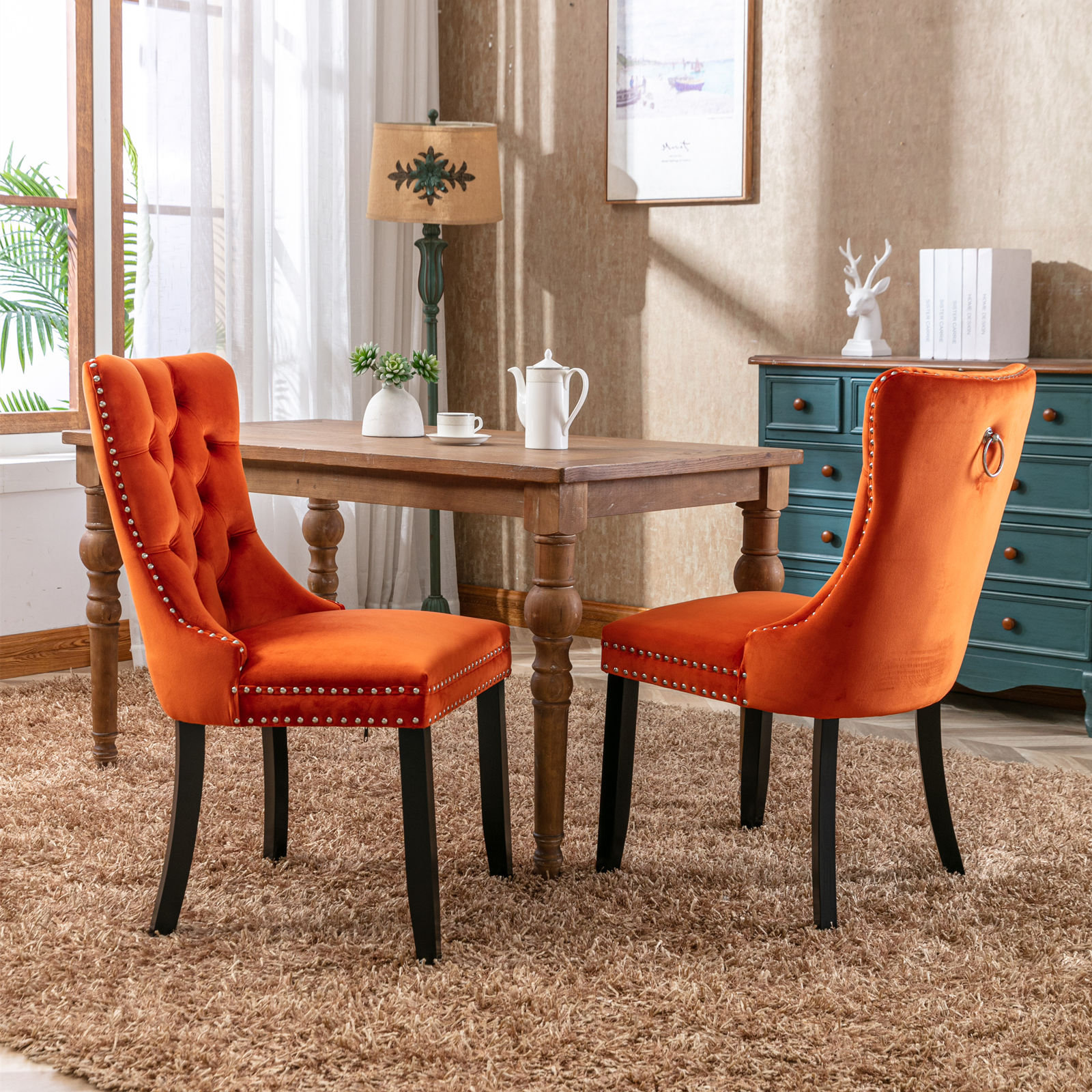 House of Hampton® Raul Velvet Upholstered Dining Chairs with Wood Legs ...