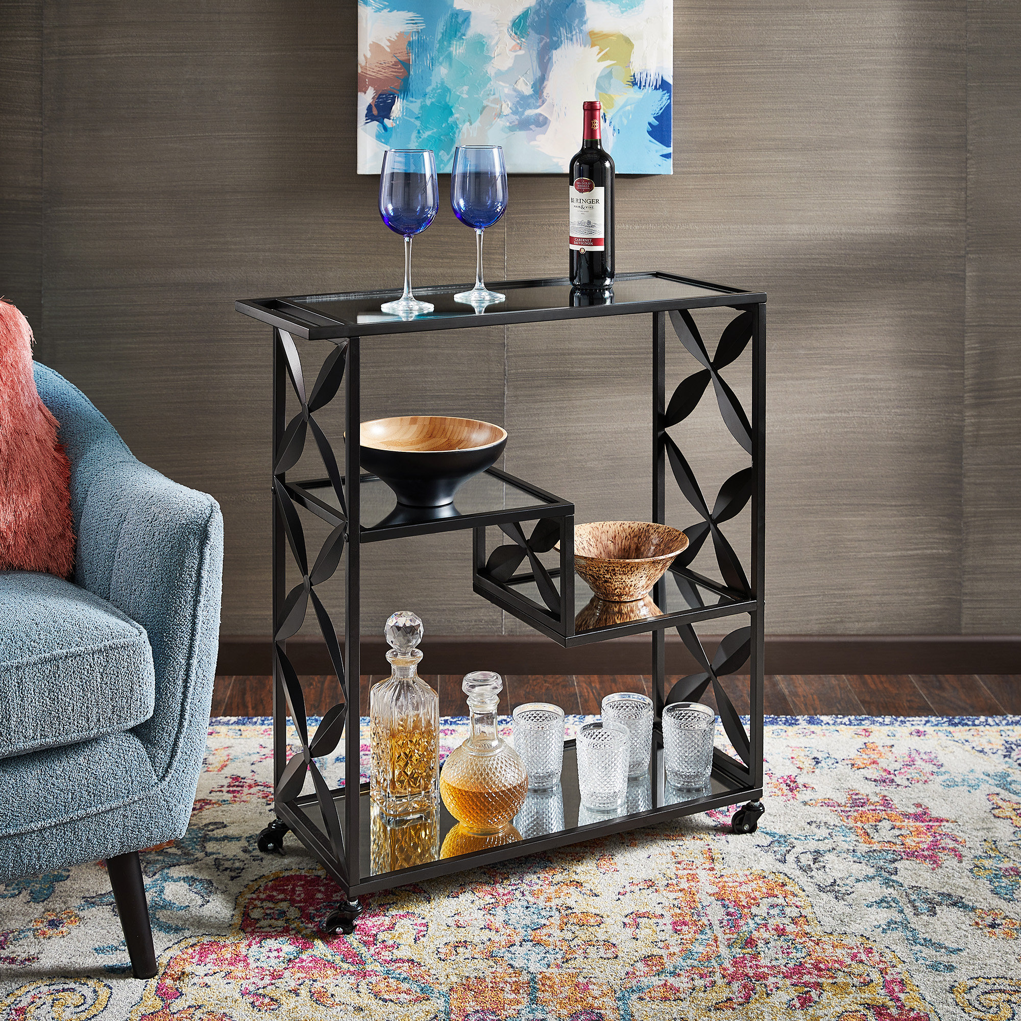 Ivy Bronx Tondra Black Finish Mirrored Bar Cart With Shelf | Wayfair