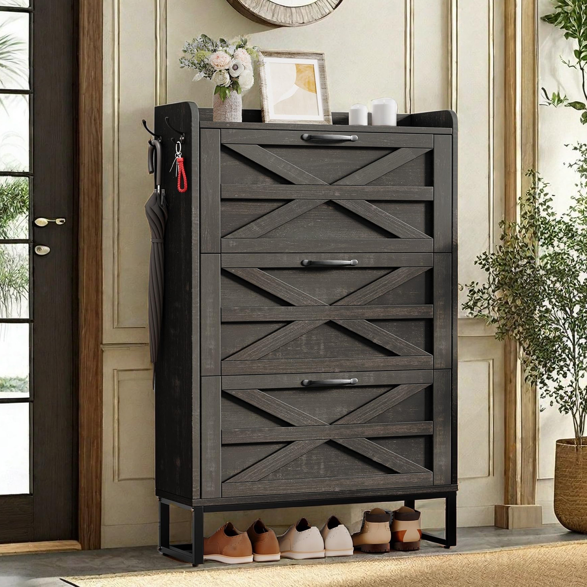 Gracie Oaks Freestanding shoe rack with 3 flap drawers - Wayfair Canada