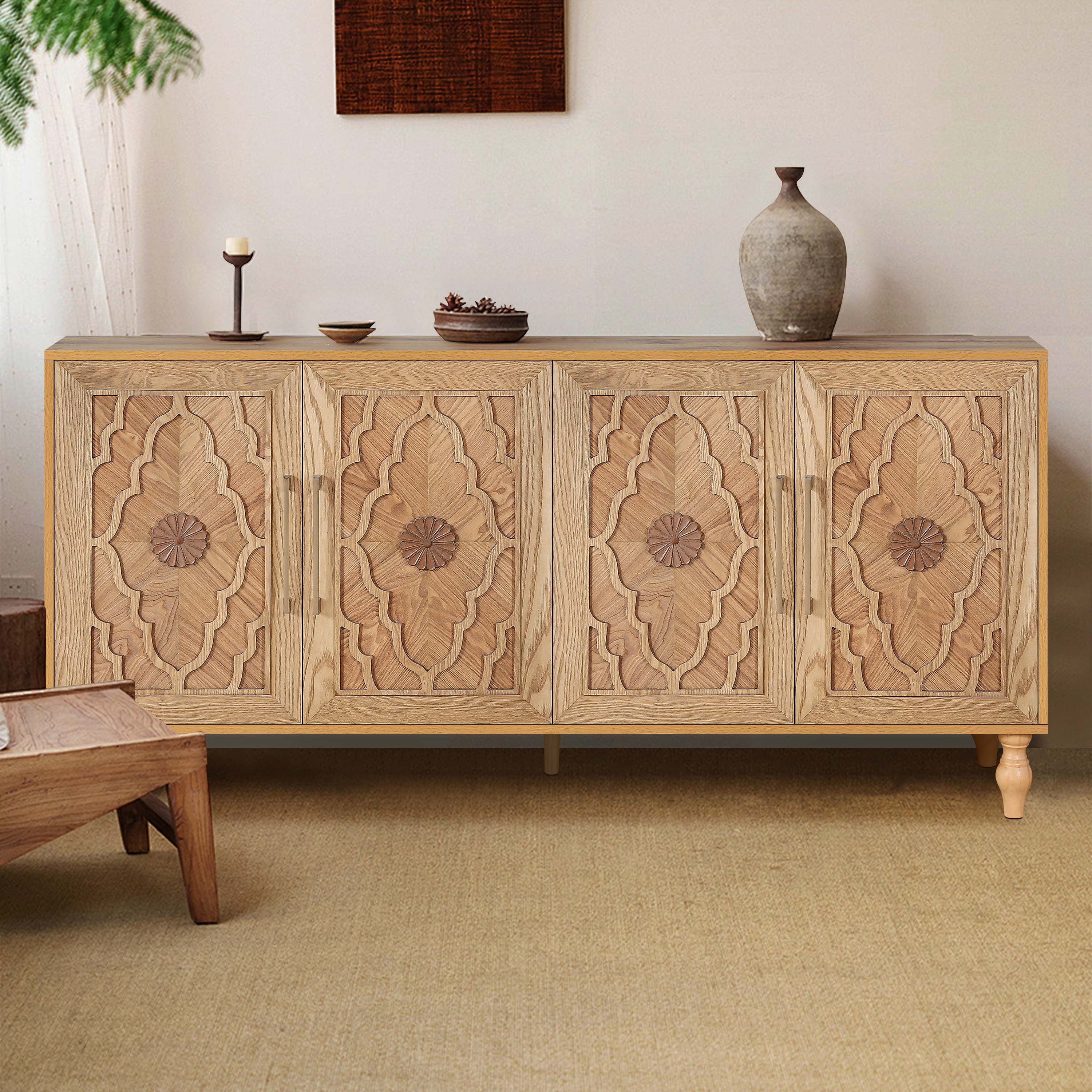 Alcott Hill® Carved Flower Door Storage Cabinet With Metal Handle ...