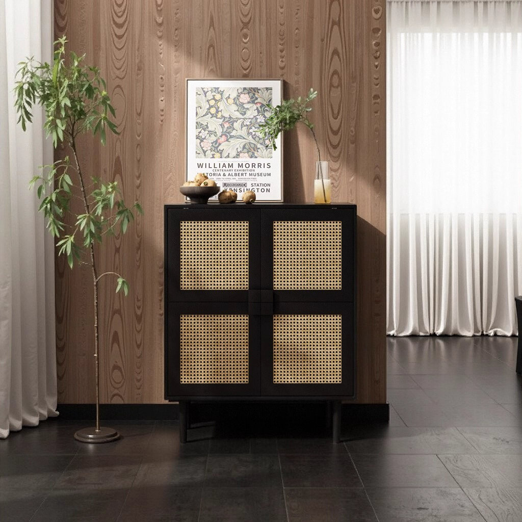 Bay Isle Home™ 4-Doors Rattan Mesh Storage Cabinet, Sideboard with Eight Storage Spaces for ...