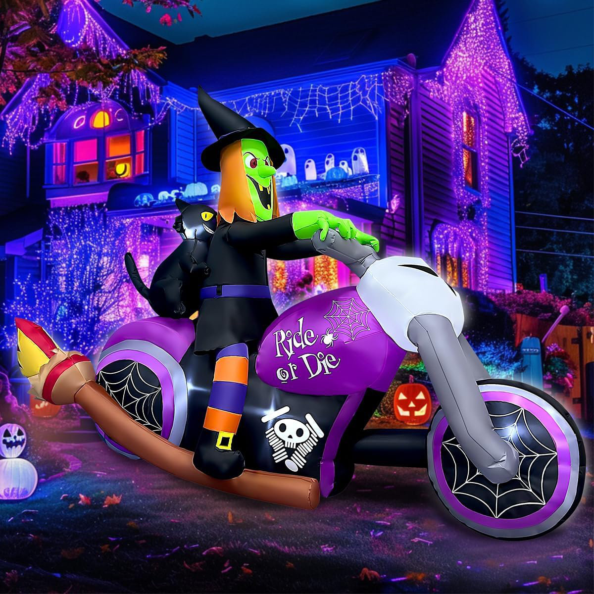 The Holiday Aisle® 7FT Long Halloween Inflatable Witch Ride Motorcycle ...