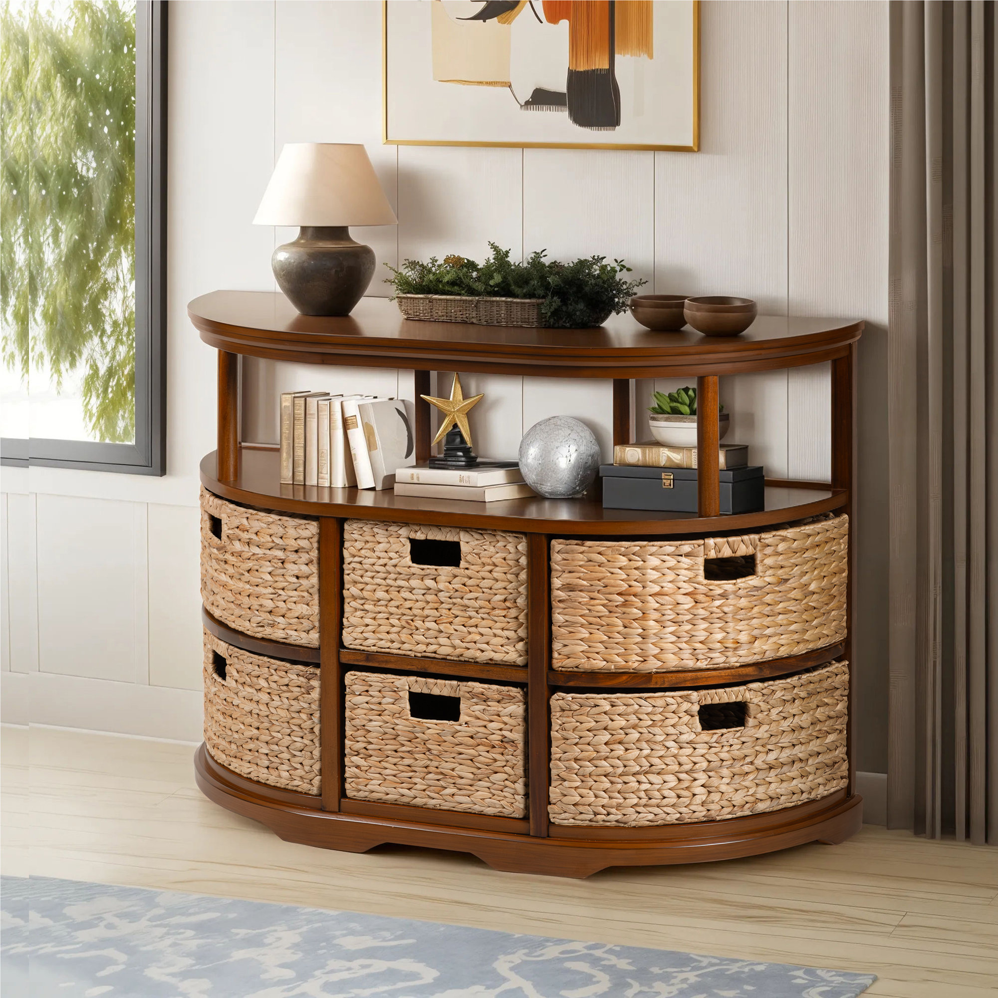 Bay Isle Home™ Half Moon Console Table With 6 Baskets And Shelf ...