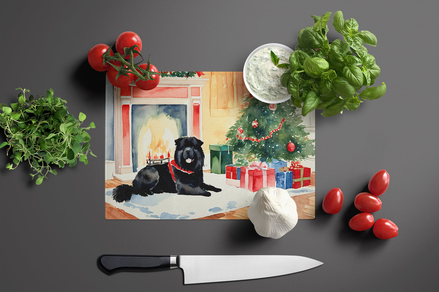 Caroline's Treasures Chow Chow Cozy Christmas Glass Cutting Board Large ...