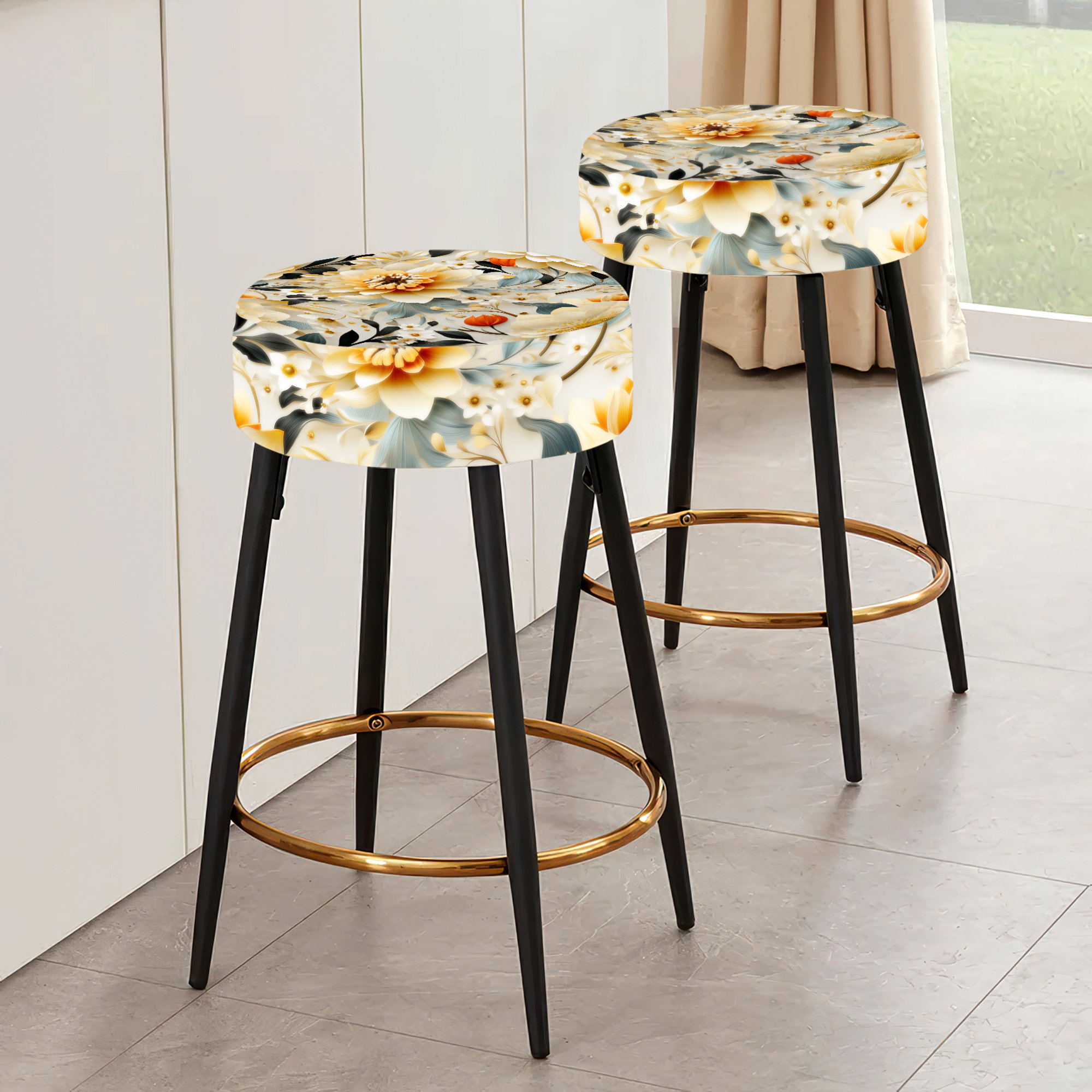 Design Art Beige And Green Harmony Garden Flourish - Floral Bar Stools Set Of 2 | Wayfair