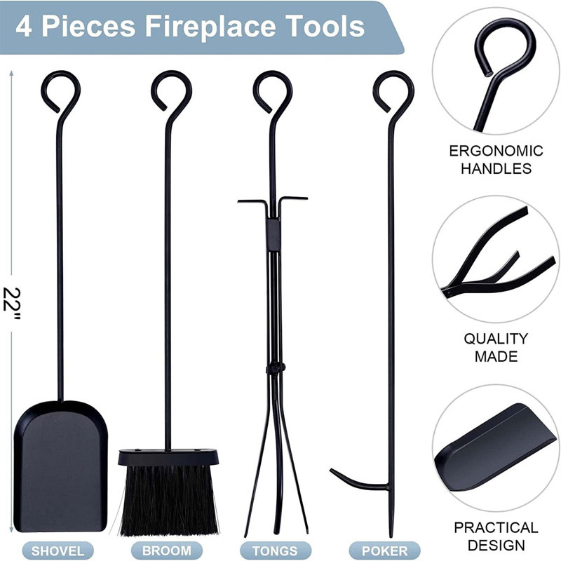 Loon Peak® Danaira 4 Piece Wrought Iron Fireplace Tool Set | Wayfair