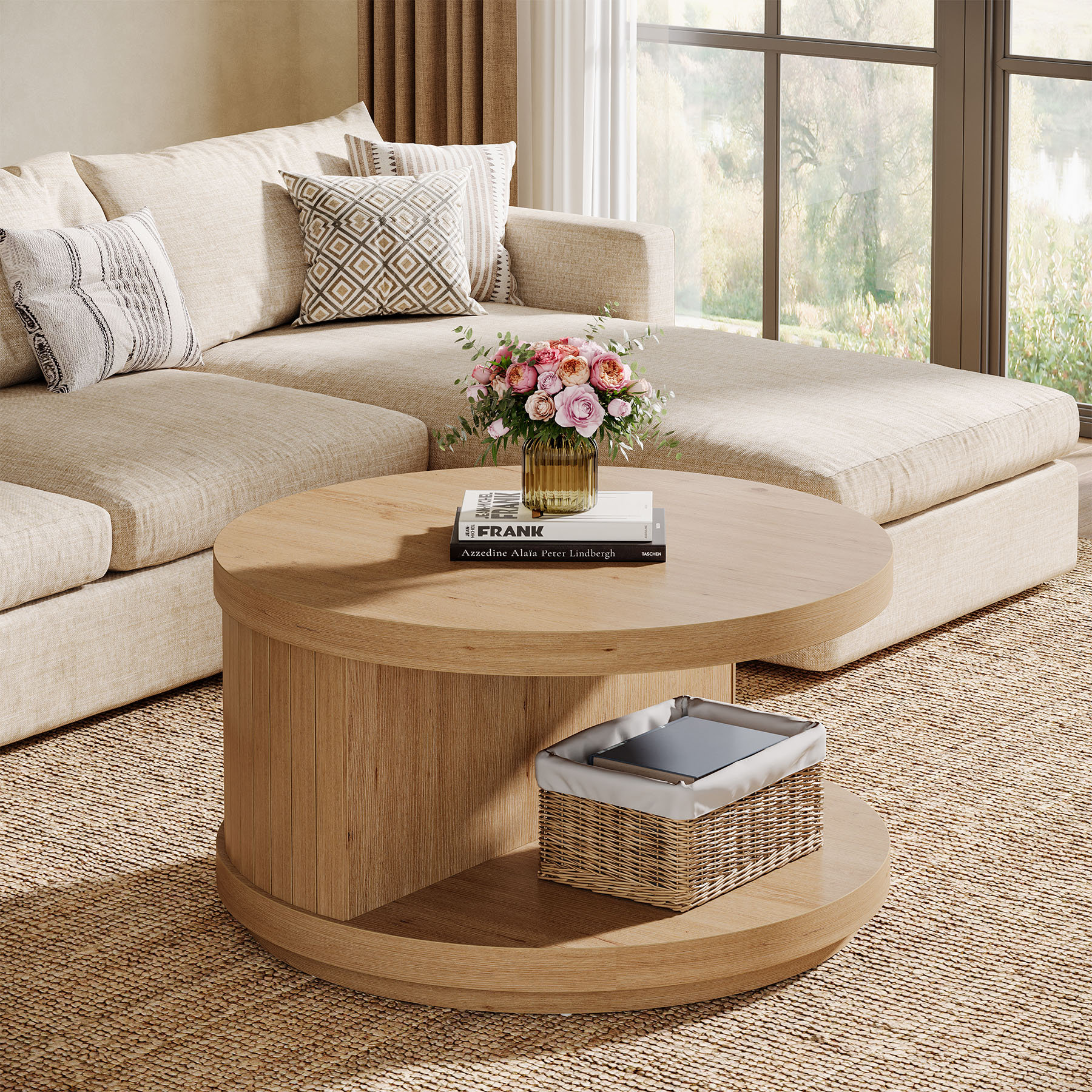 Ebern Designs Round Coffee Table With Storage, Modern Wood Coffee Table ...