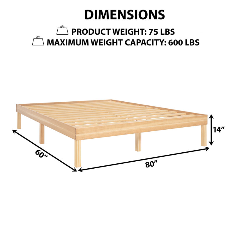 Ebern Designs 14 inch Solid Wood Platform Bed, No Squeak Bed Frame, No ...