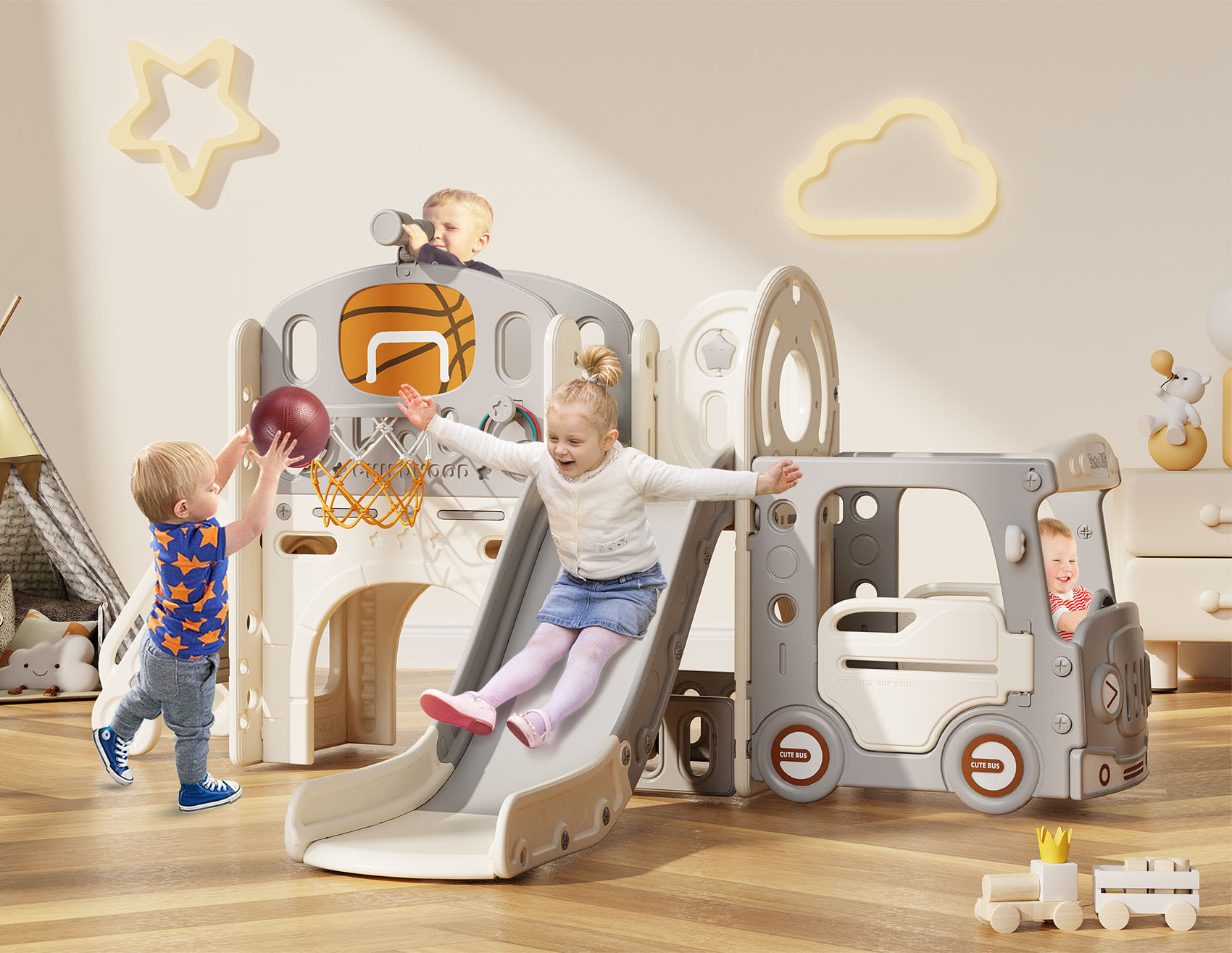 Suteck 10 in 1 Toddler Slide, Kids Slide with Climber and Bus Playhouse ...