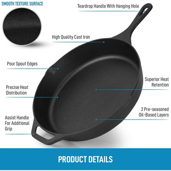 Zulay Kitchen Heavy Duty Cast Iron Skillet - Grill Stovetop Induction ...