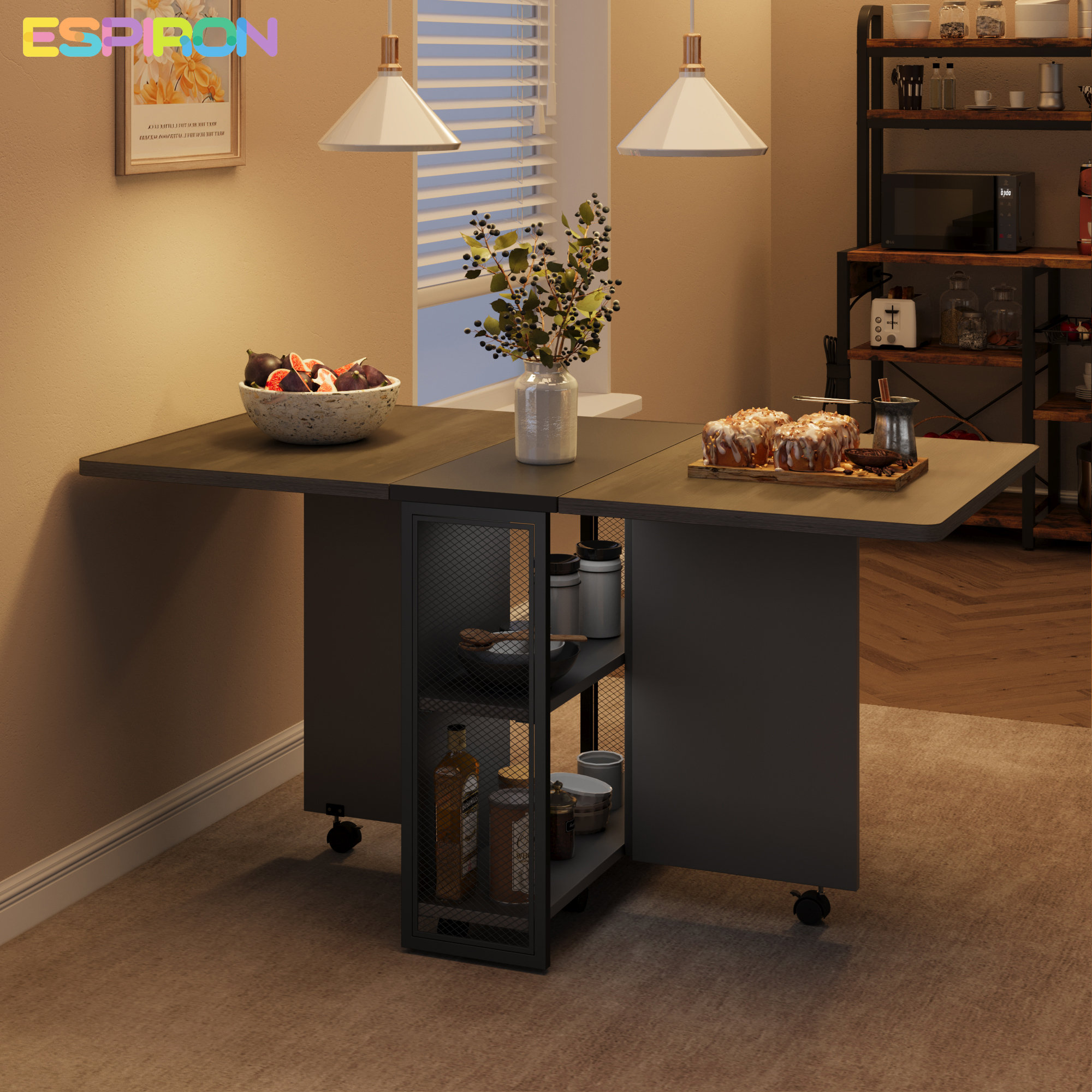 Ebern Designs Folding Dining Table With 2 Storage Racks, Kitchen Table ...