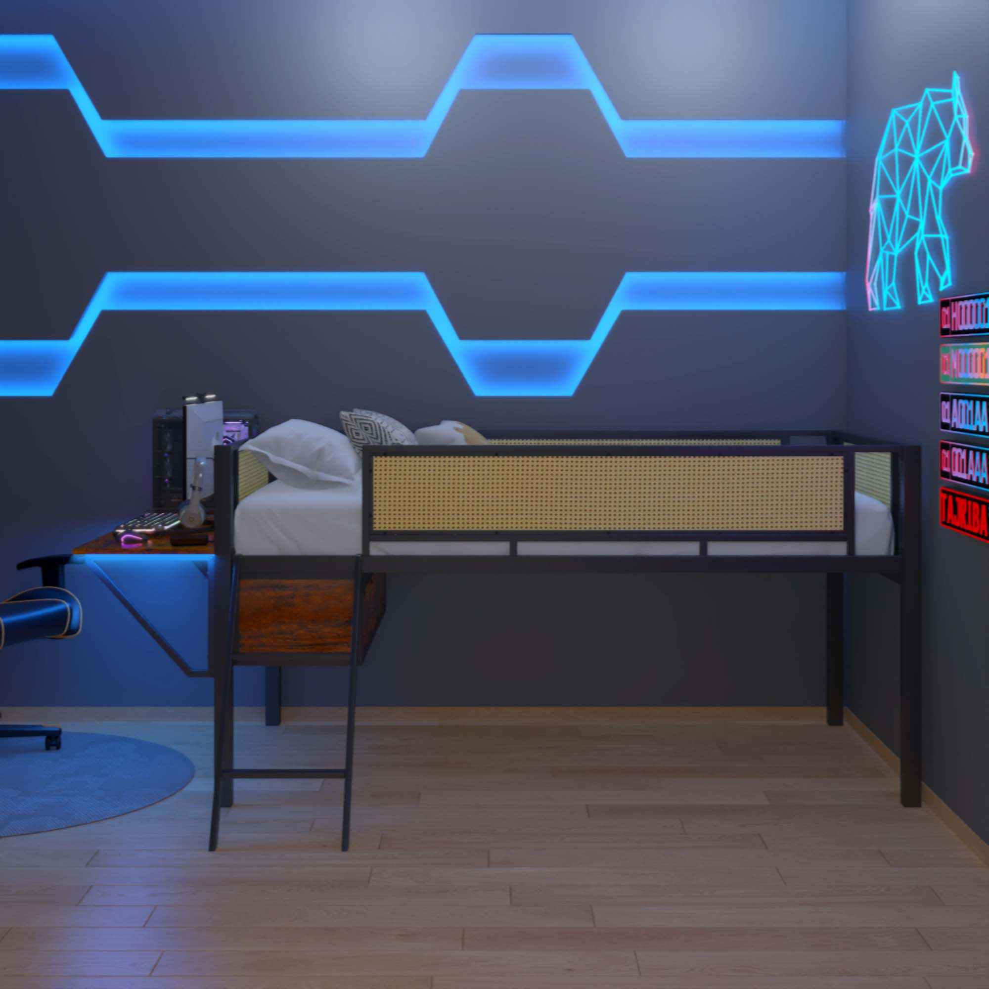 Bay Isle Home™ Chaviva Single Metal Loft Bed With Rectangular Desk, LED ...