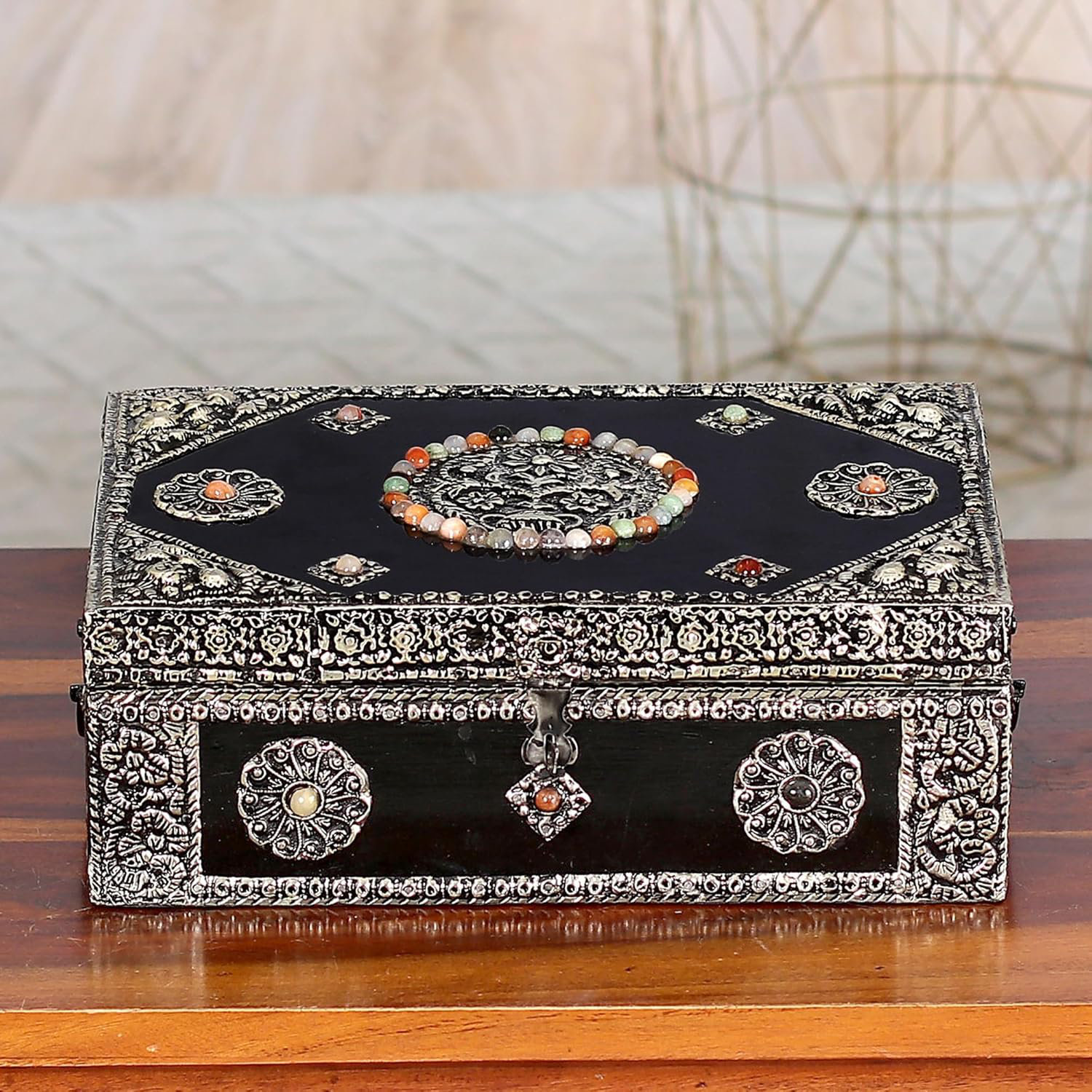 Astoria Grand Nickel Repousse Mango Wood Jewelry Box With Glass Accents ...