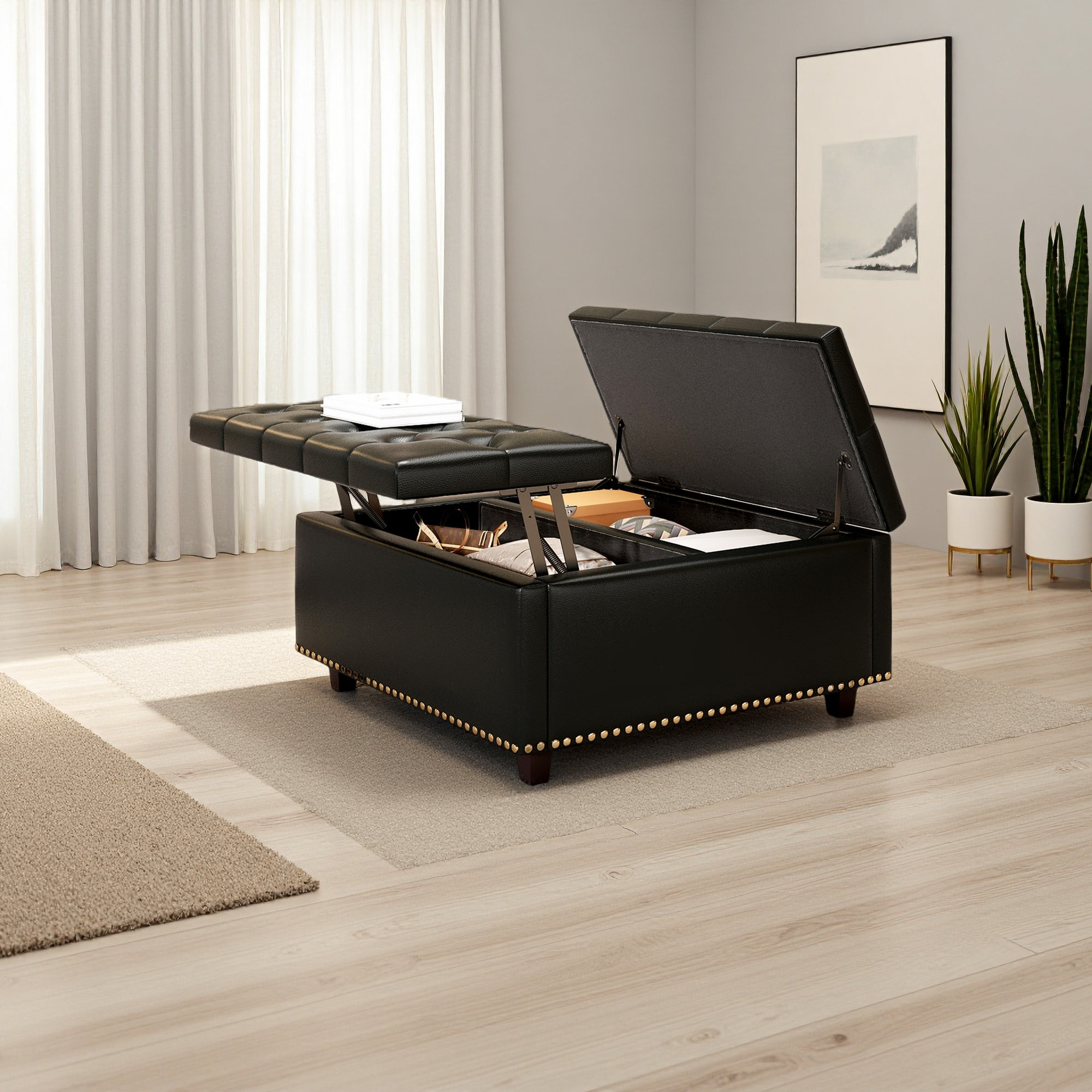 FAR AND NEAR Large Square Storage Stool With Two Storage Doors ...