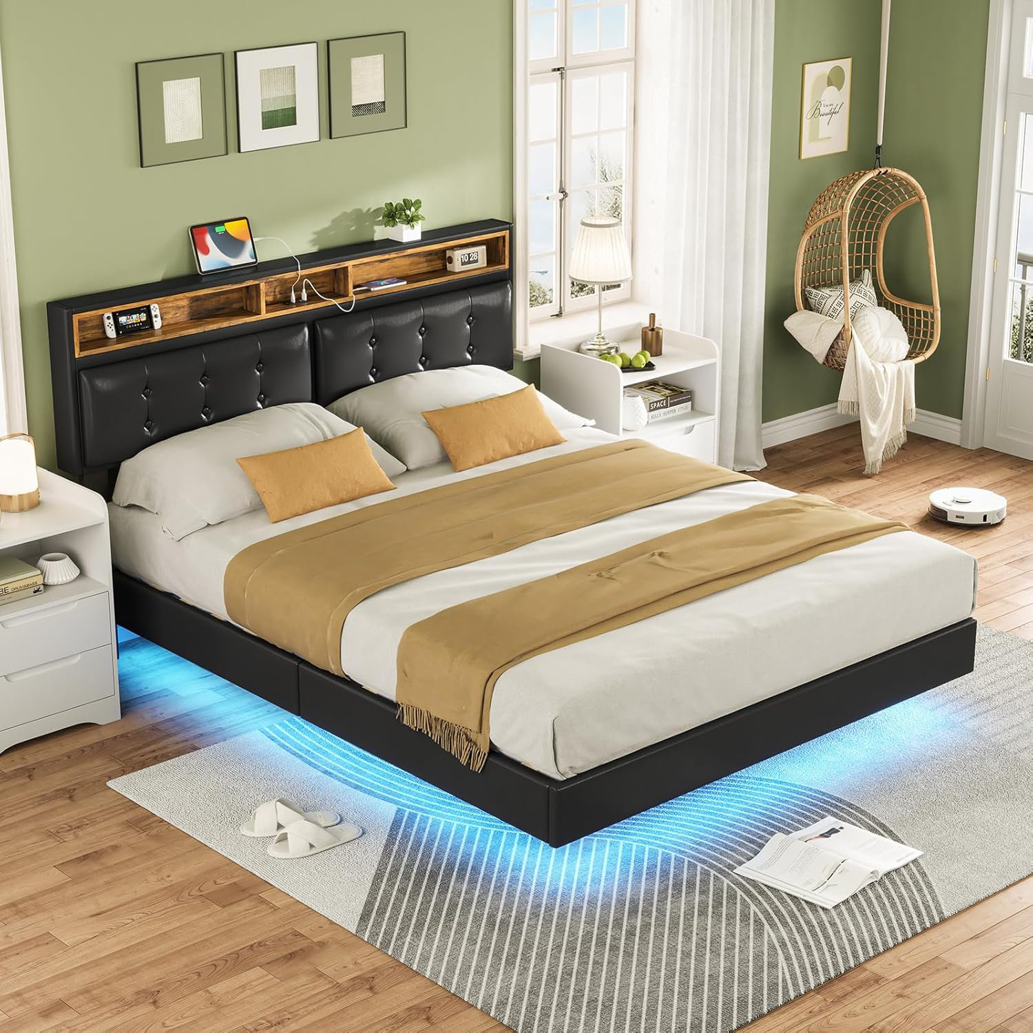 Wrought Studio™ Queen Floating Bed Frame With Led Lights Queen Bed ...