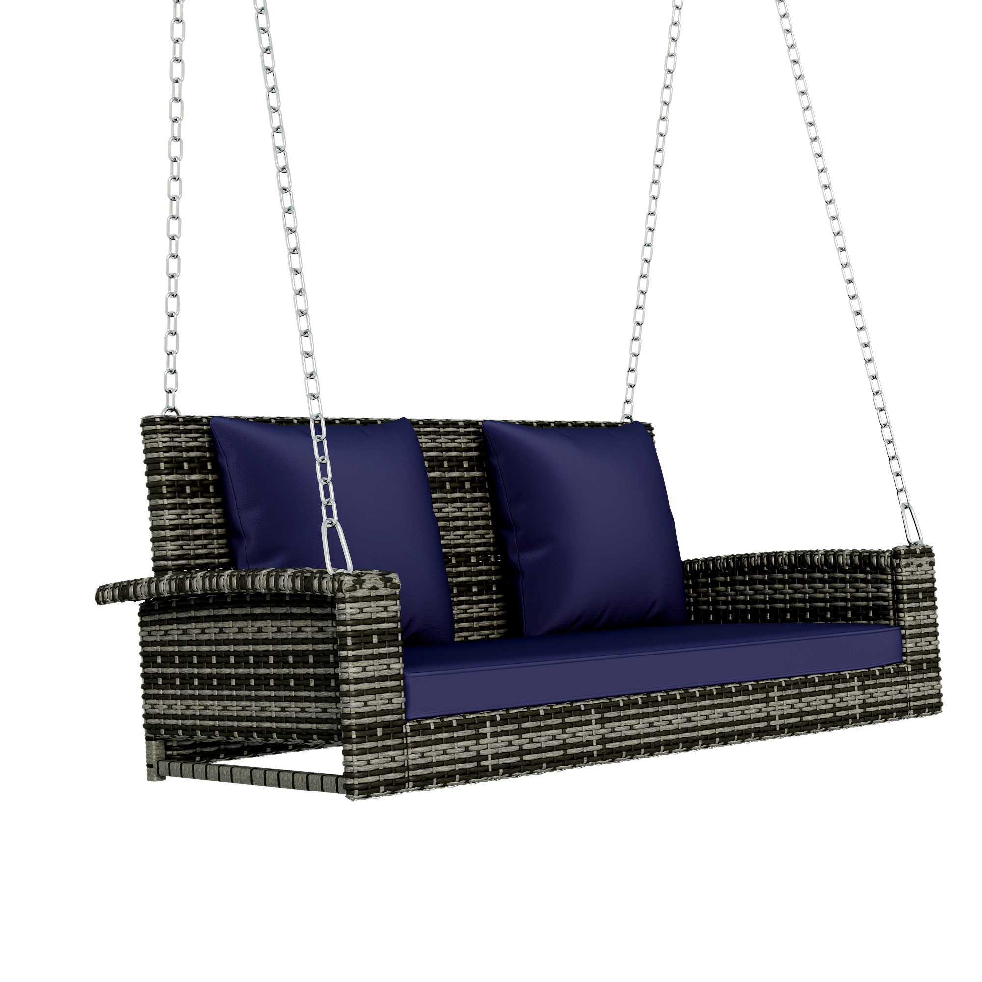 Highland Dunes Go 2-Person Wicker Hanging Porch Swing With Chains, Cushion, Pillow, Rattan Swing ...