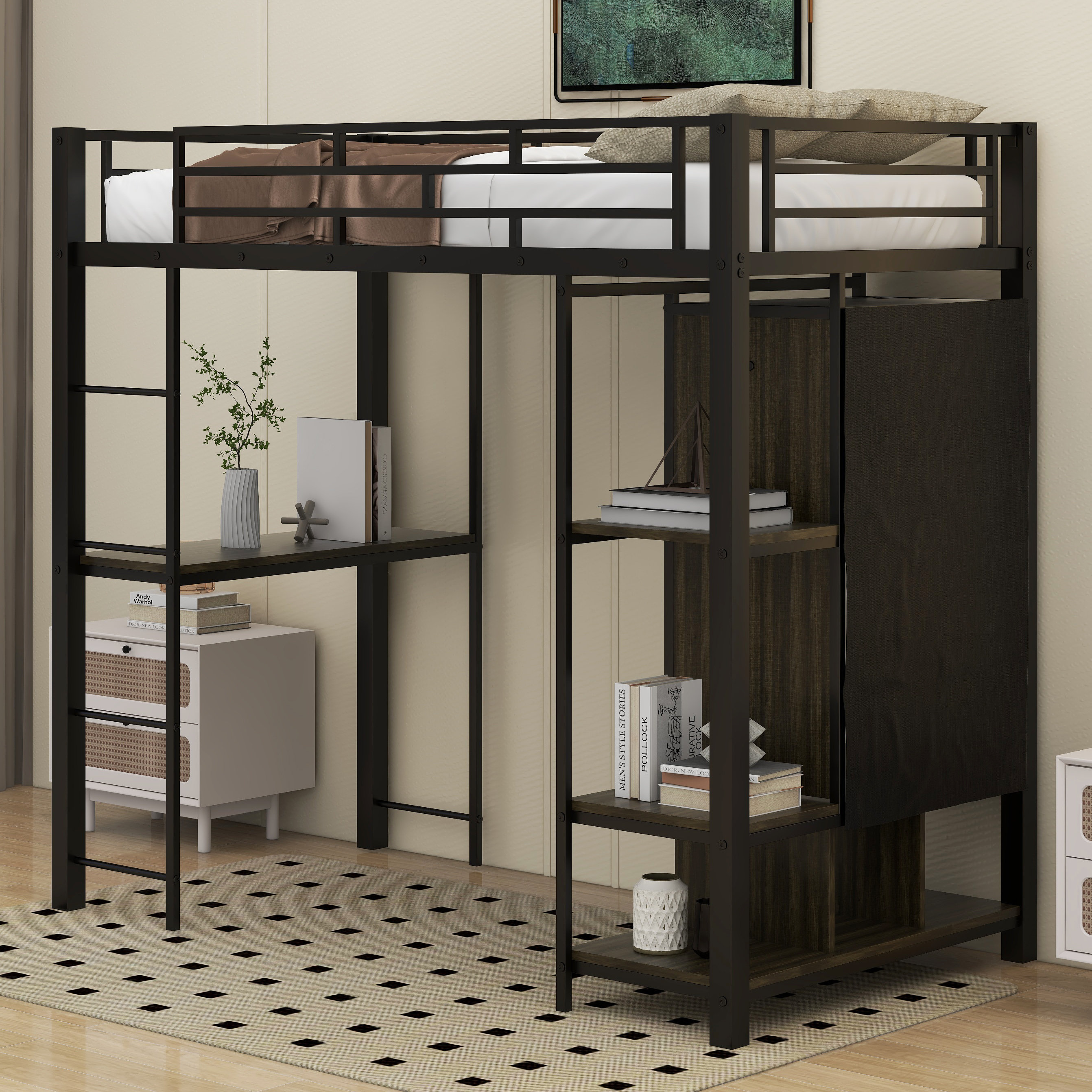 Mason & Marbles Twin Size Metal Loft Bed With Built-In Wardrobe, Desk ...