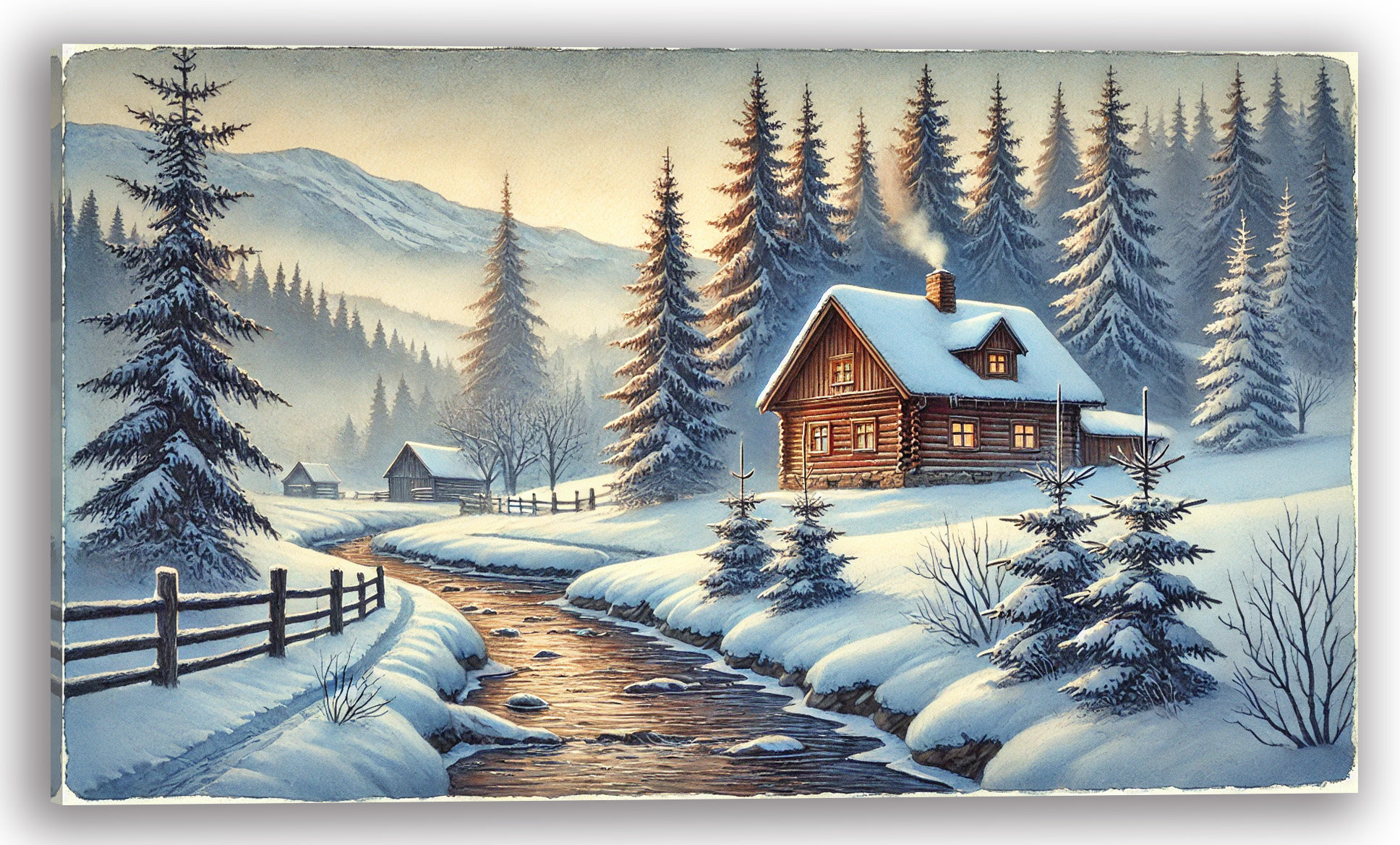 Millwood Pines Twilight Snowfall Hideaway: Winter Cabin Scene Wrapped ...