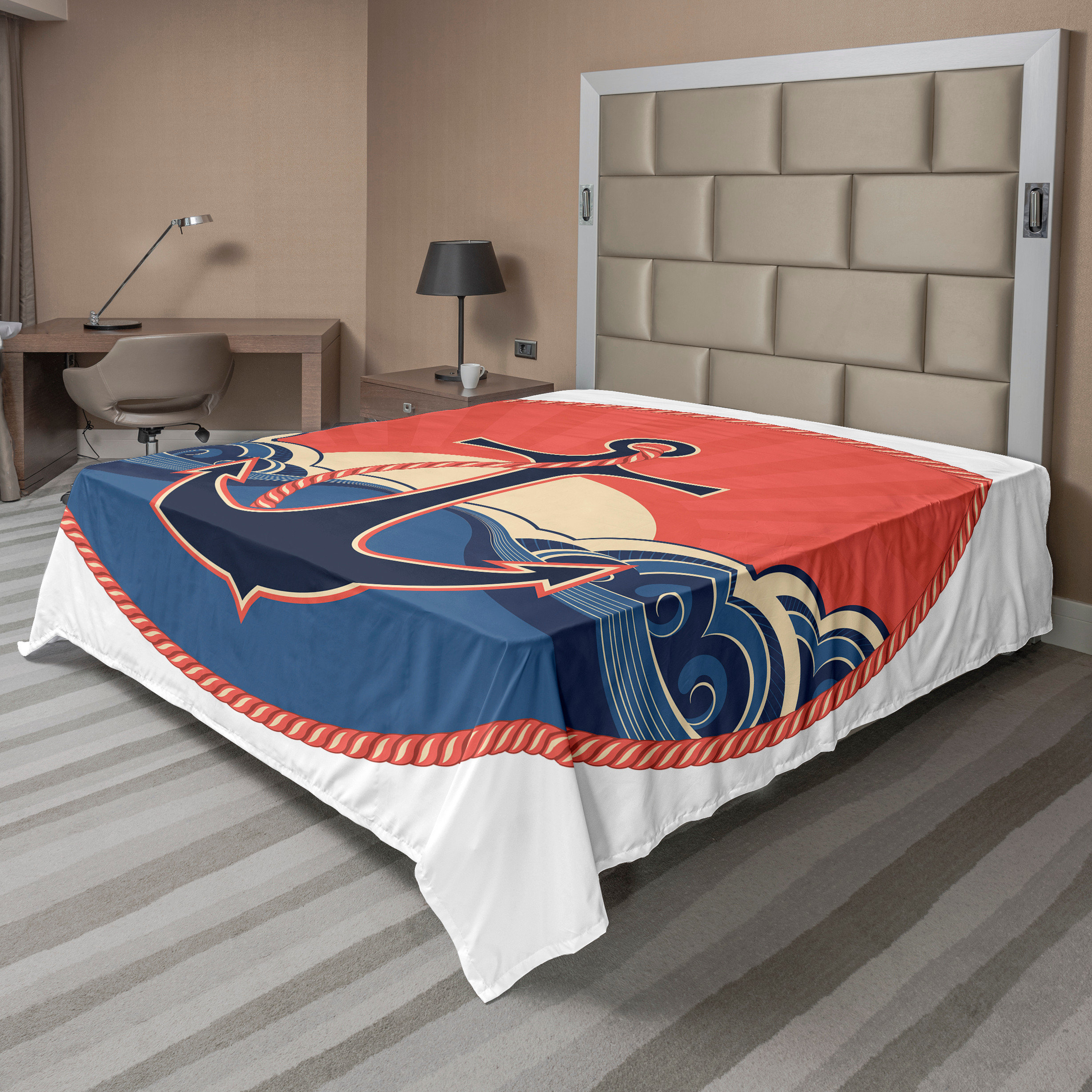 Ambesonne Nautical Top Flat Sheet Sea Waves at Sunset Queen Red Blue ...