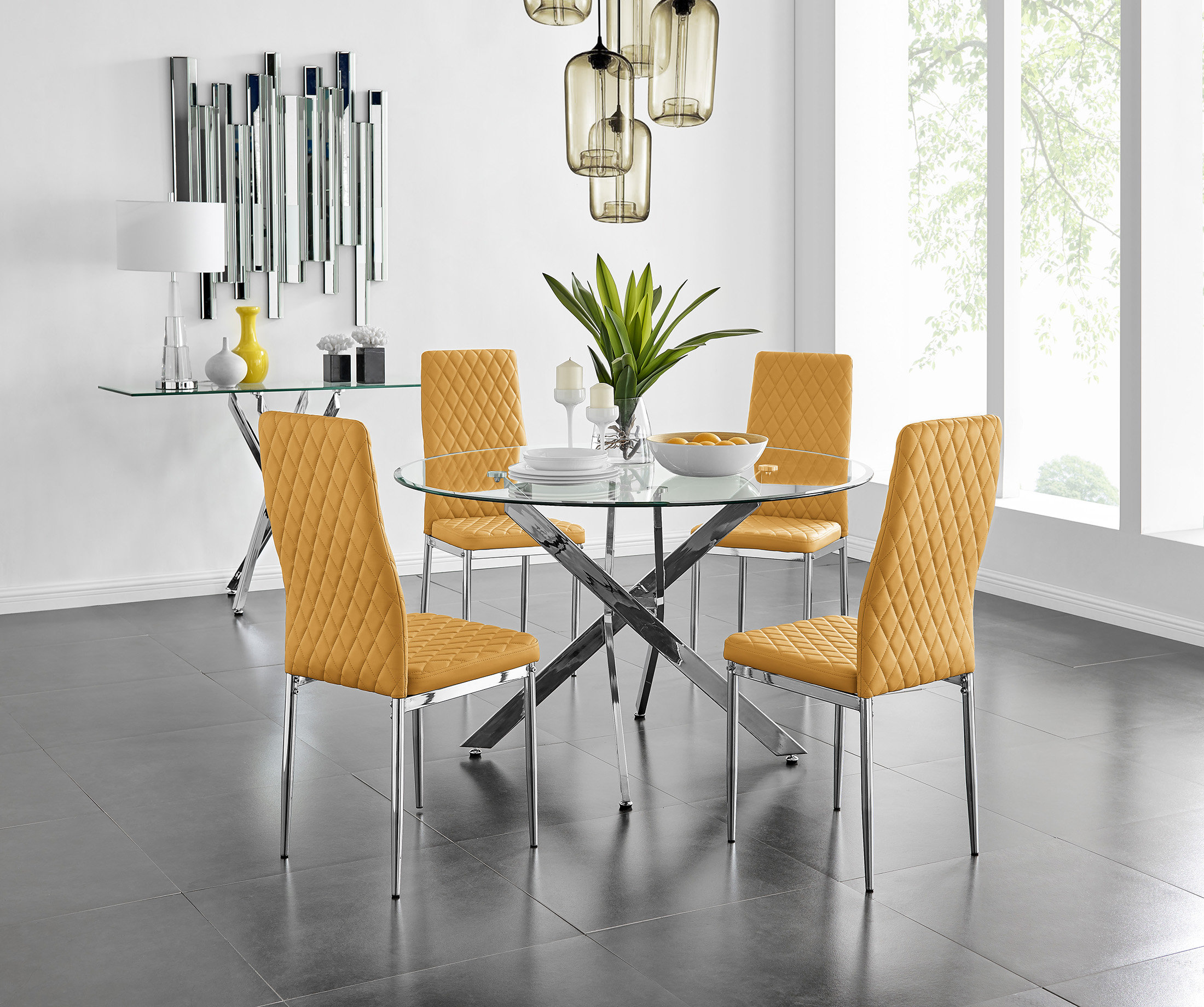 East Urban Home Tierra Sleek Metal and Glass Round Dining Table Set ...