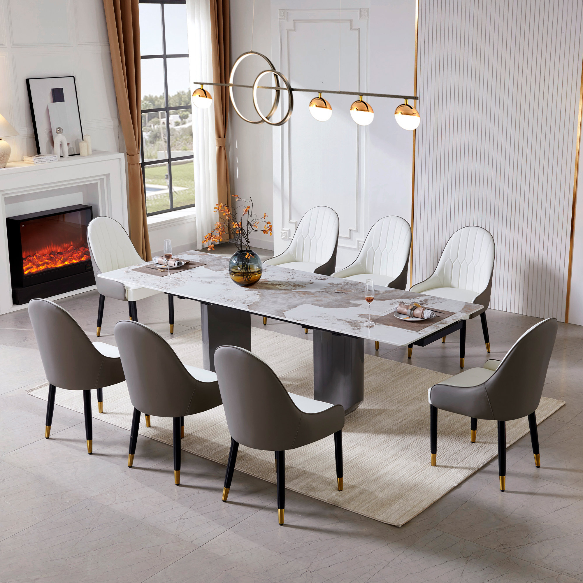 Orren Ellis Keeli Extendable Sintered Stone Dining Table with 8 Leather ...