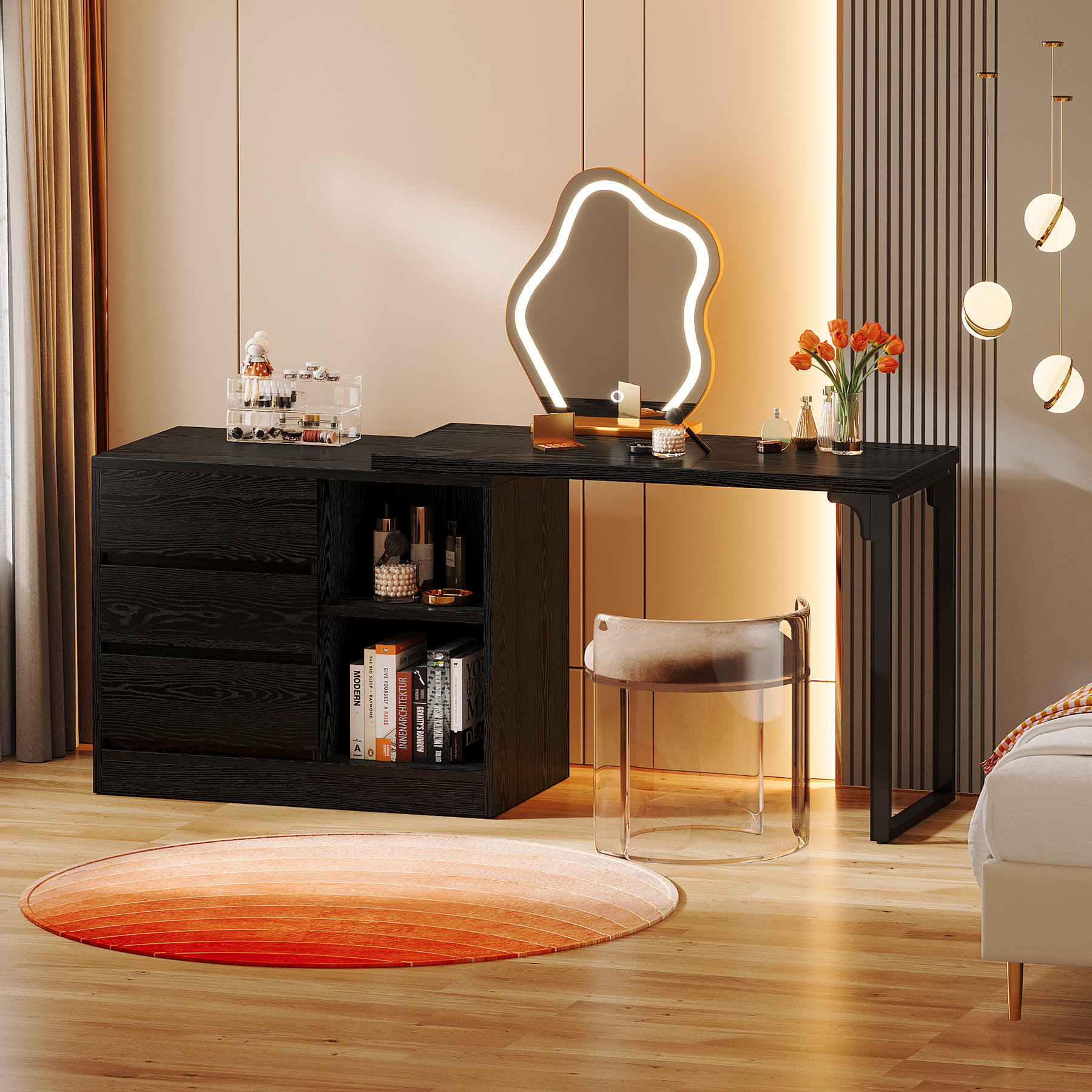 Ebern Designs White Makeup Vanity Table With 3 Drawers And Storage ...