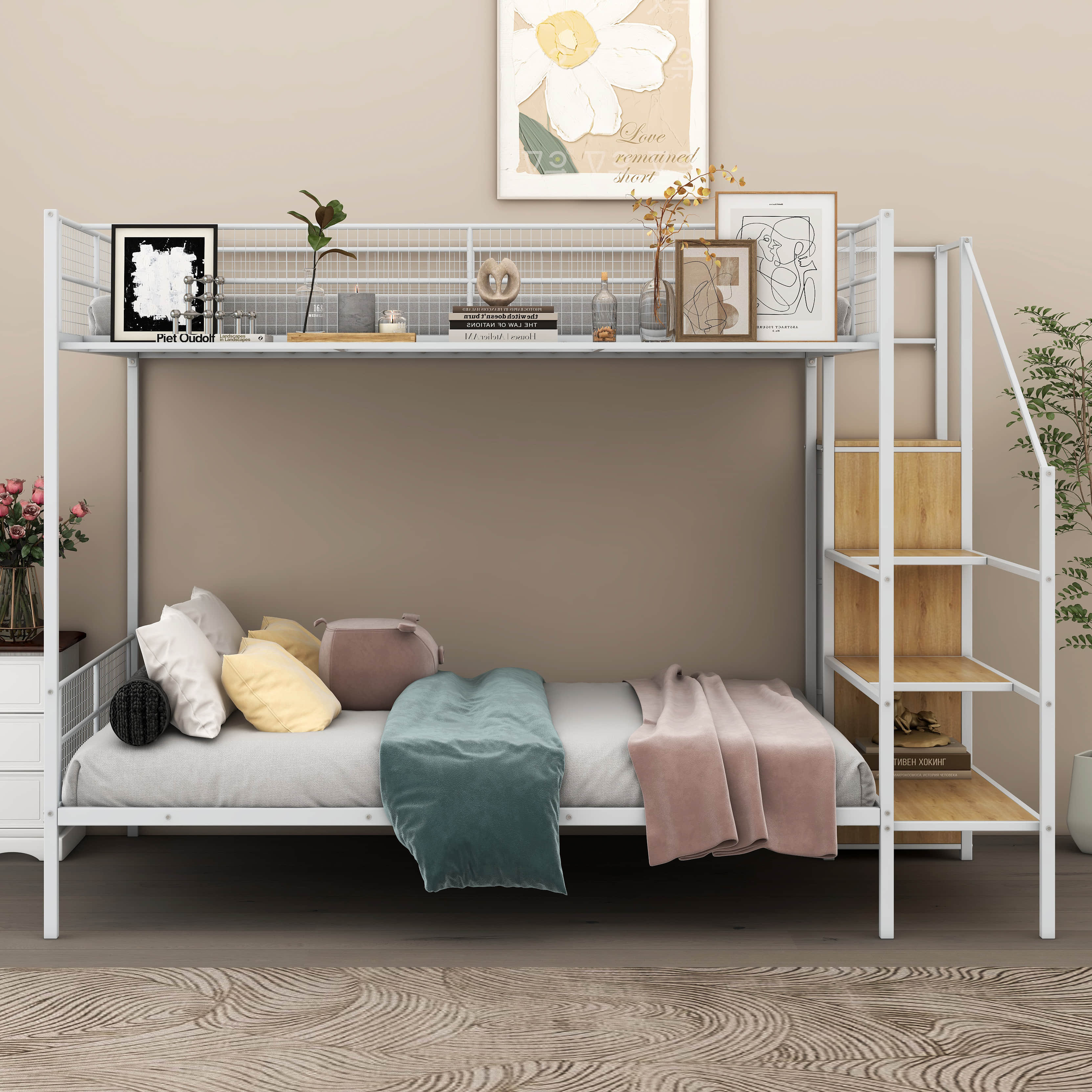 Mason & Marbles Twin Over Full Metal Bunk Bed With Wire Shelving And ...