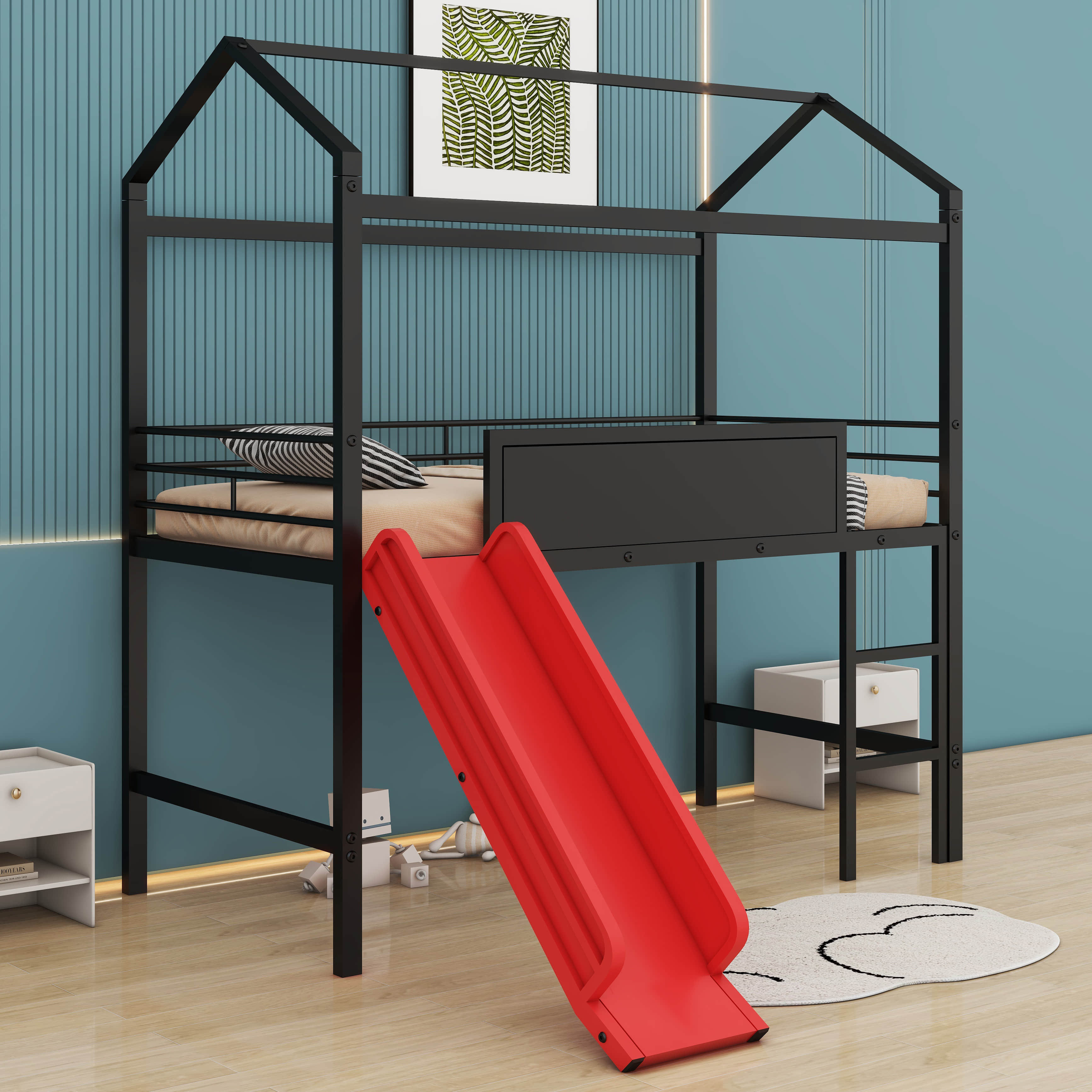 Harper Orchard Ajda Metal House Bed With Slide, Twin Size Metal Loft ...