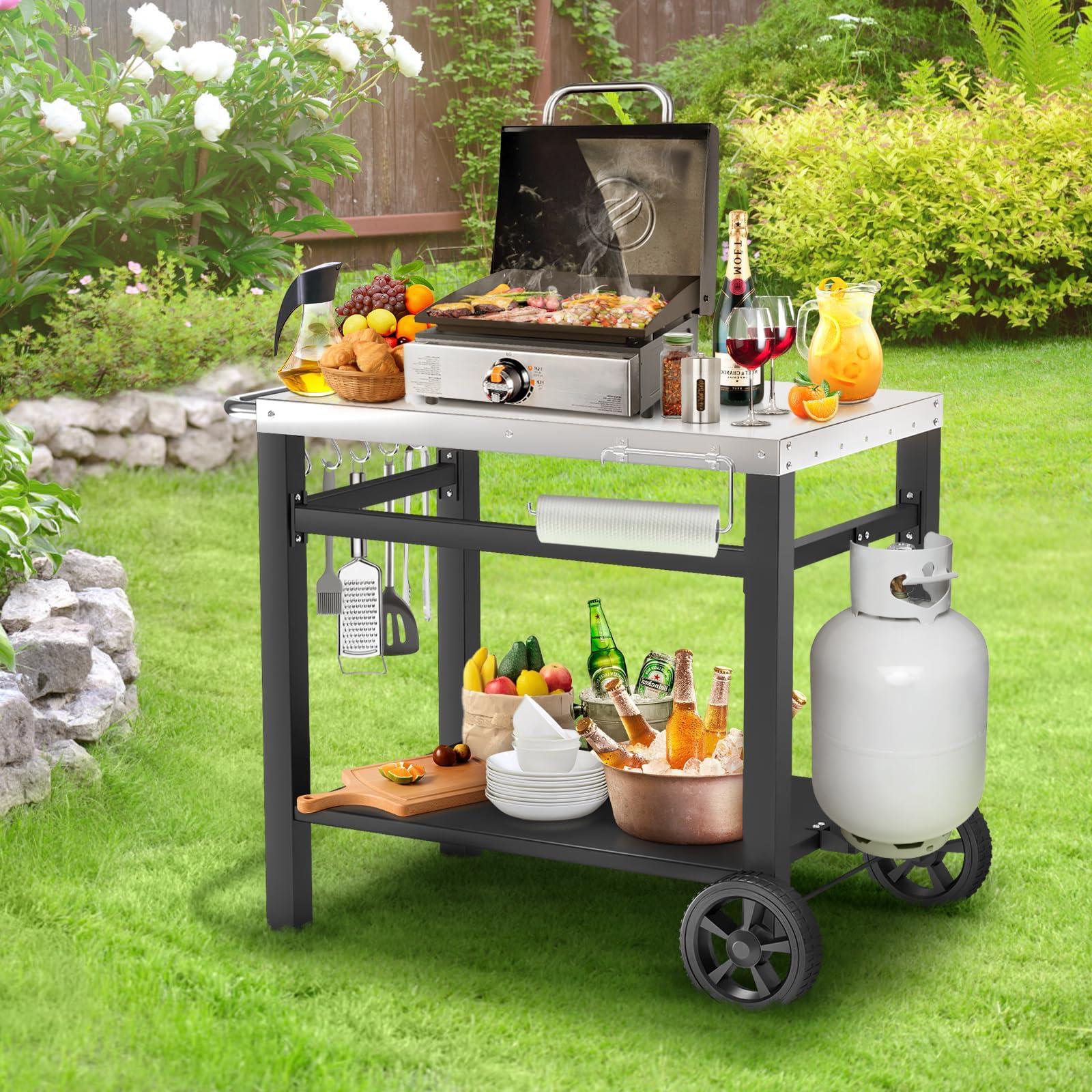 Arlmont & Co. Movable Outdoor Grill Cart: Double-Shelf Table Stand for ...