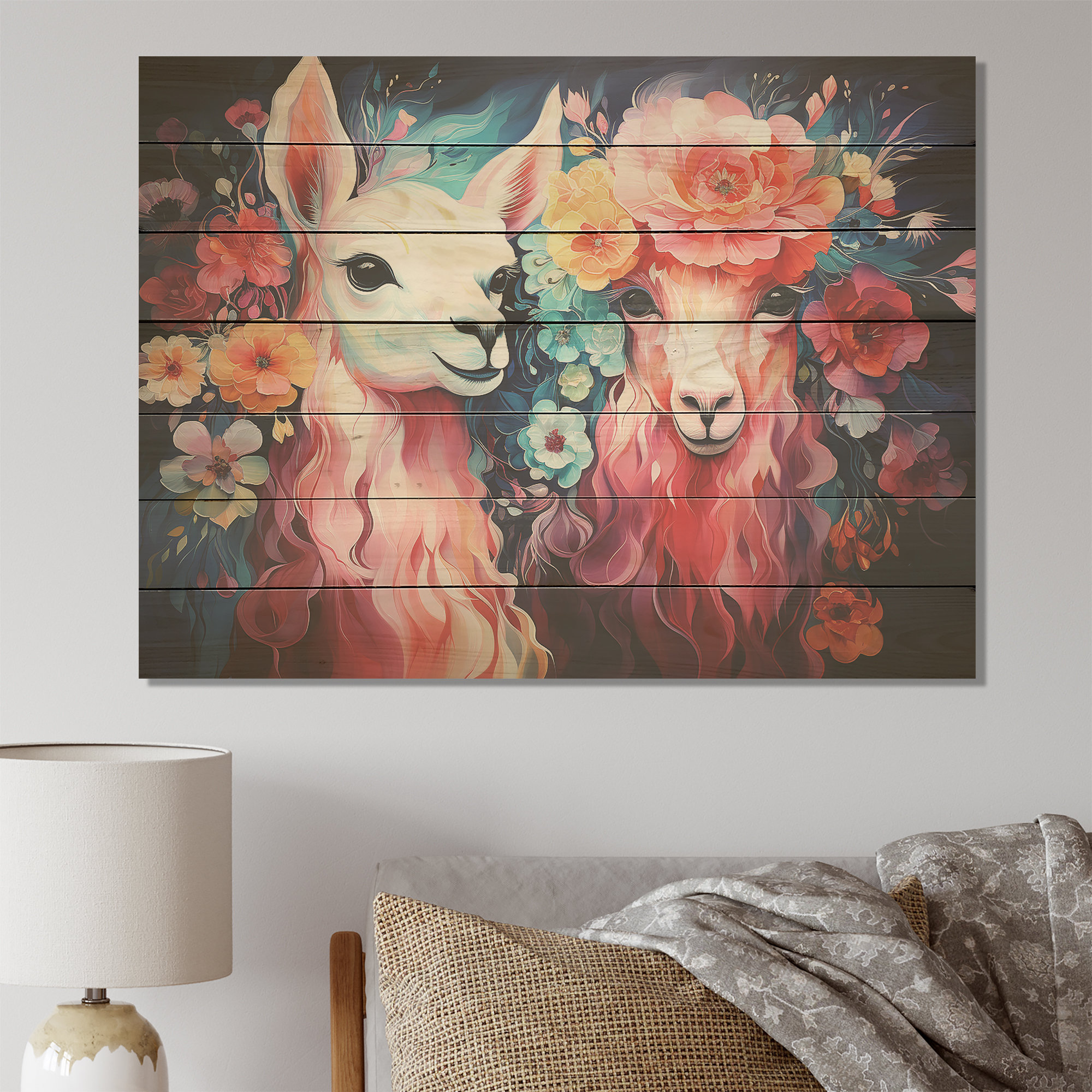 Bungalow Rose Pink Fluffy Alpacas Floral Portrait - Alpaca On Wood ...