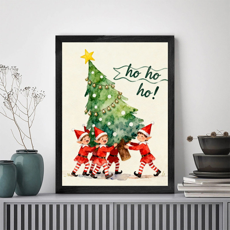 Ebern Designs Black Frame Playful Christmas Elves Wall Art Watercolor ...