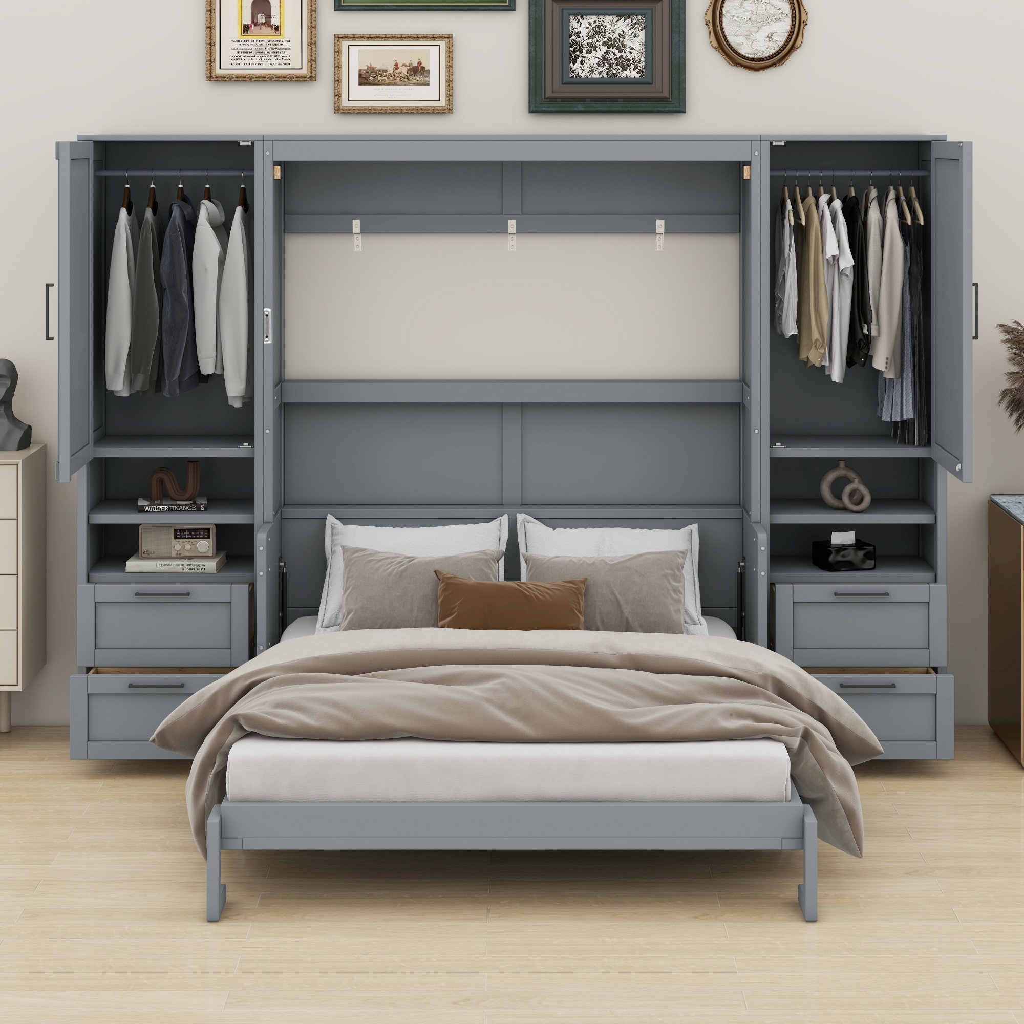 Red Barrel Studio Murphy Bed Wall Bed With Closet ,Drawers And Shelves ...