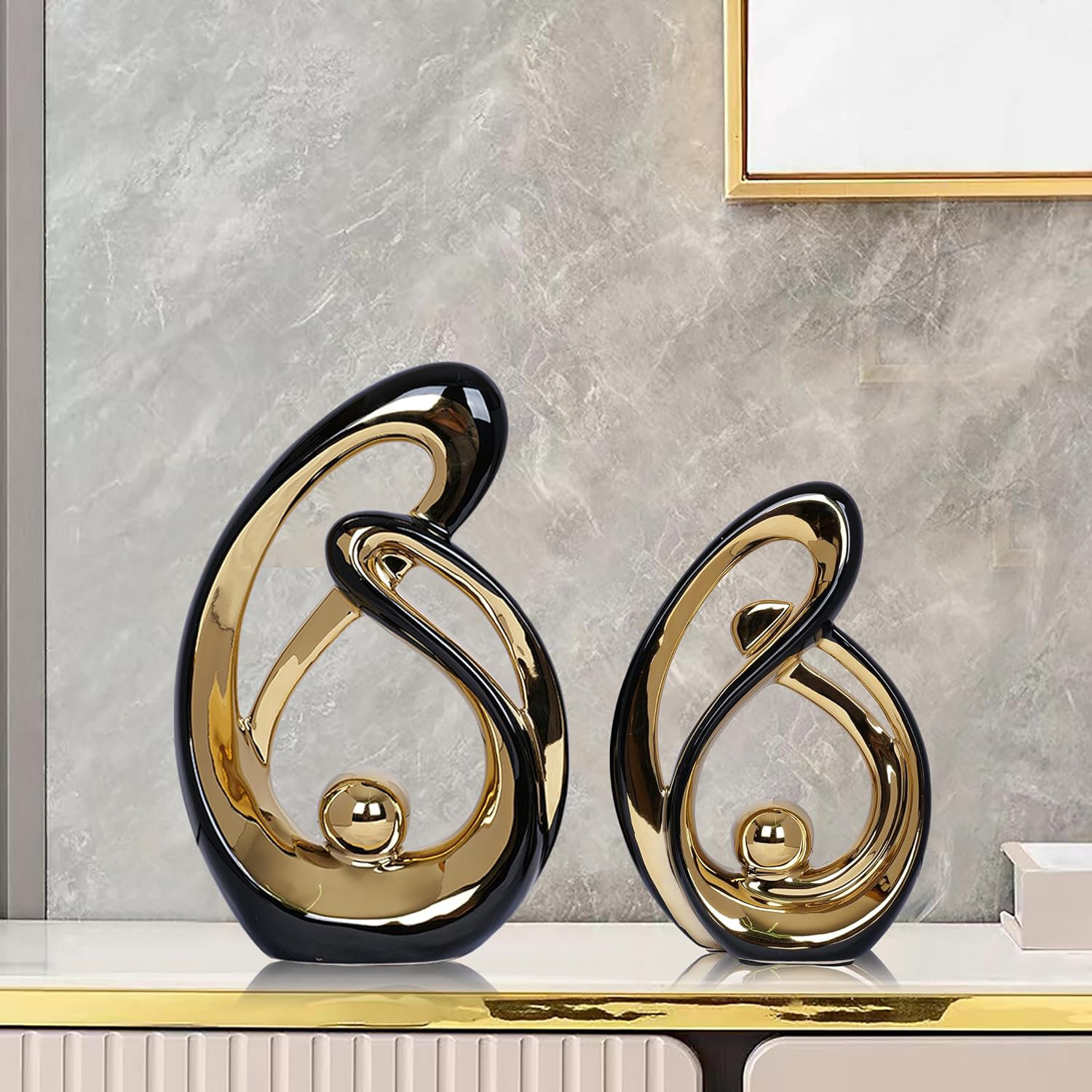 George Oliver 2 PCS Black Decor Accent Ceramic Statue Black And Gold Mid Century Modern Home ...