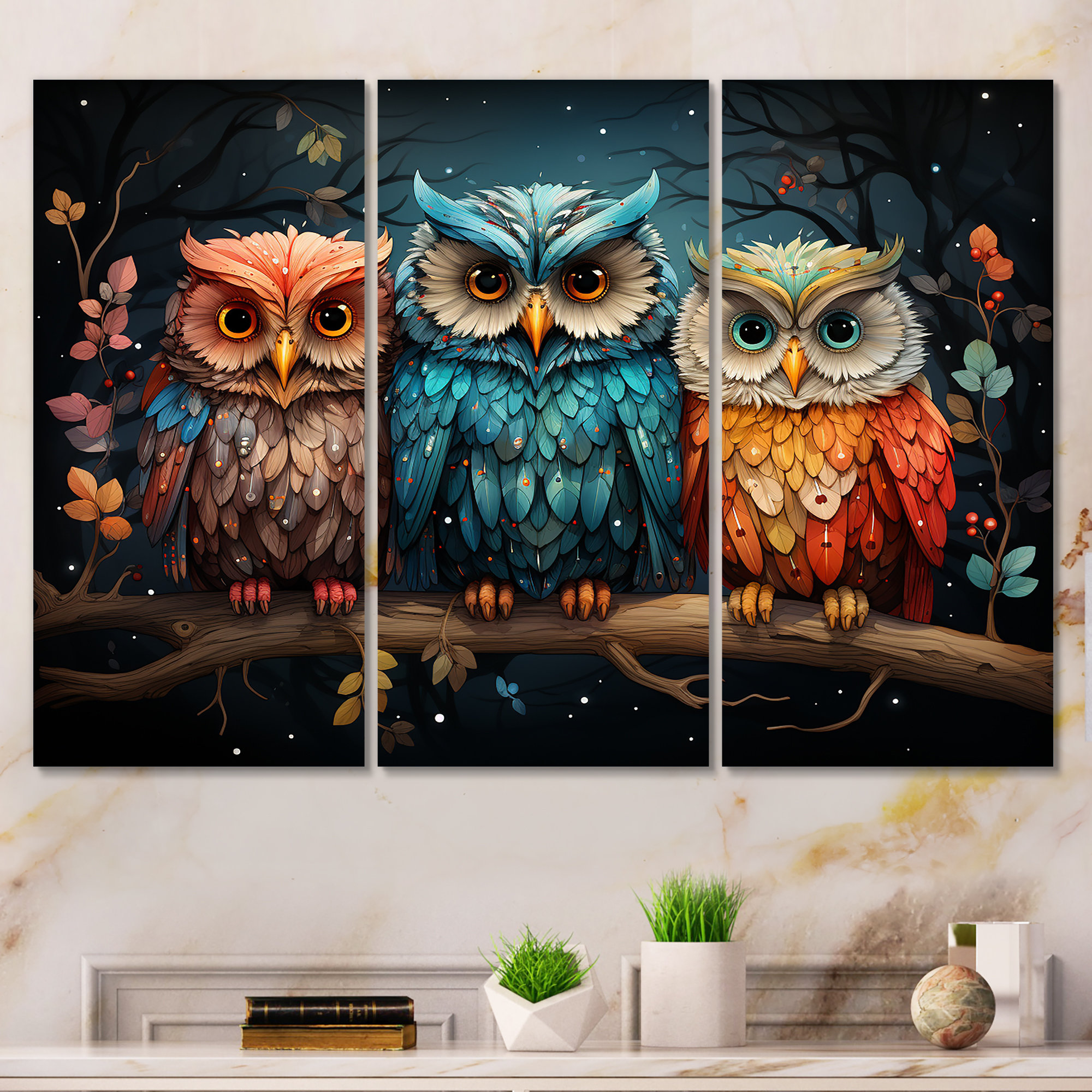 Millwood Pines Stalking Forest Owls - Owl Animal Wall Art | Wayfair