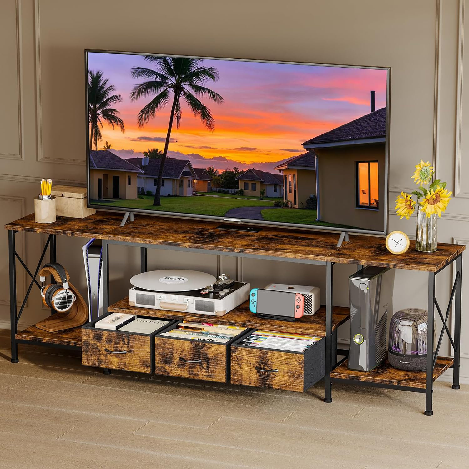 Mercer41 TV Stand Entertainment Center With Power Outlets, Metal Frame ...
