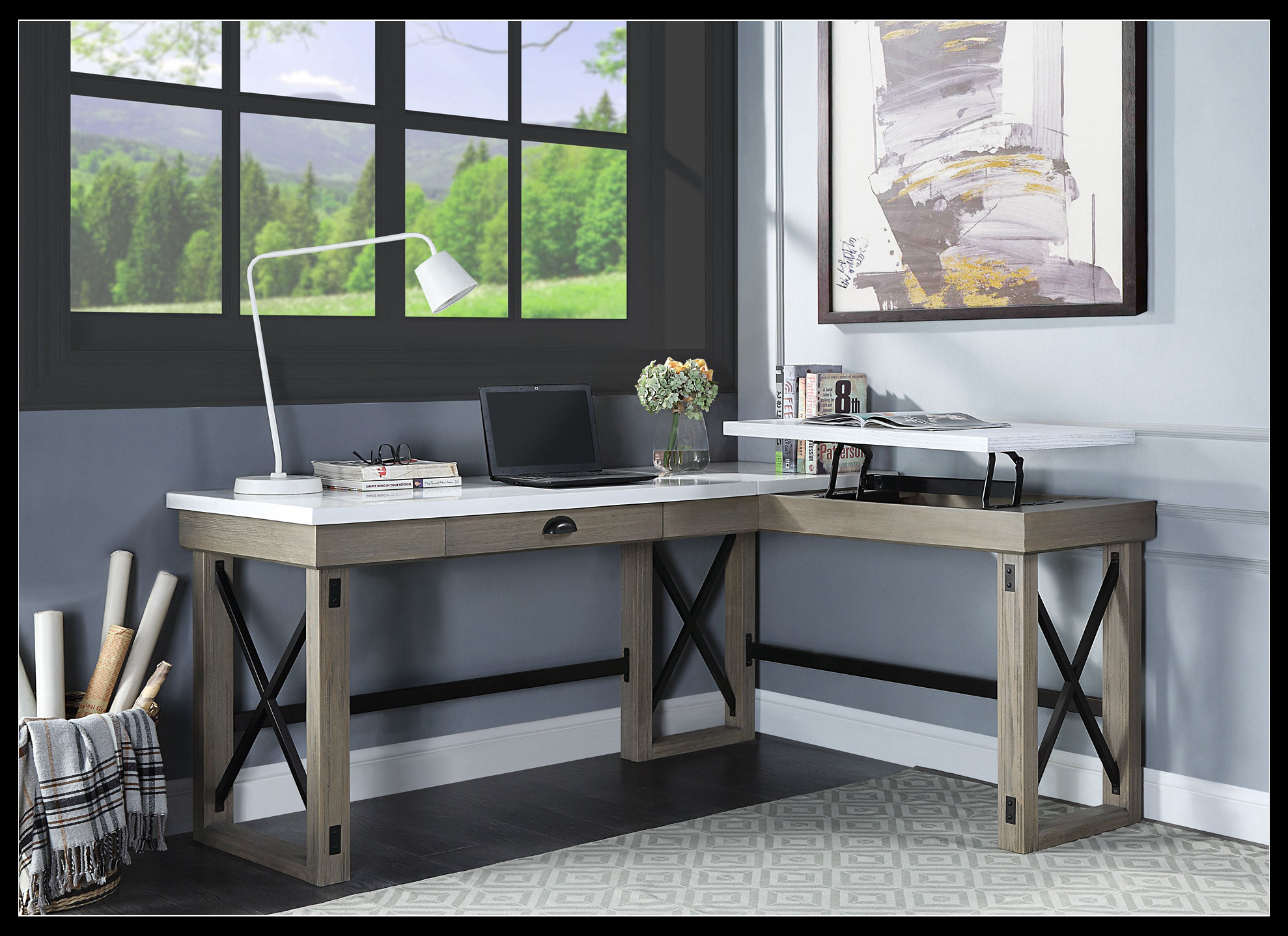 Gracie Oaks Rutger 67'' W Height Adjustable L-Shaped Writing Desk Full ...