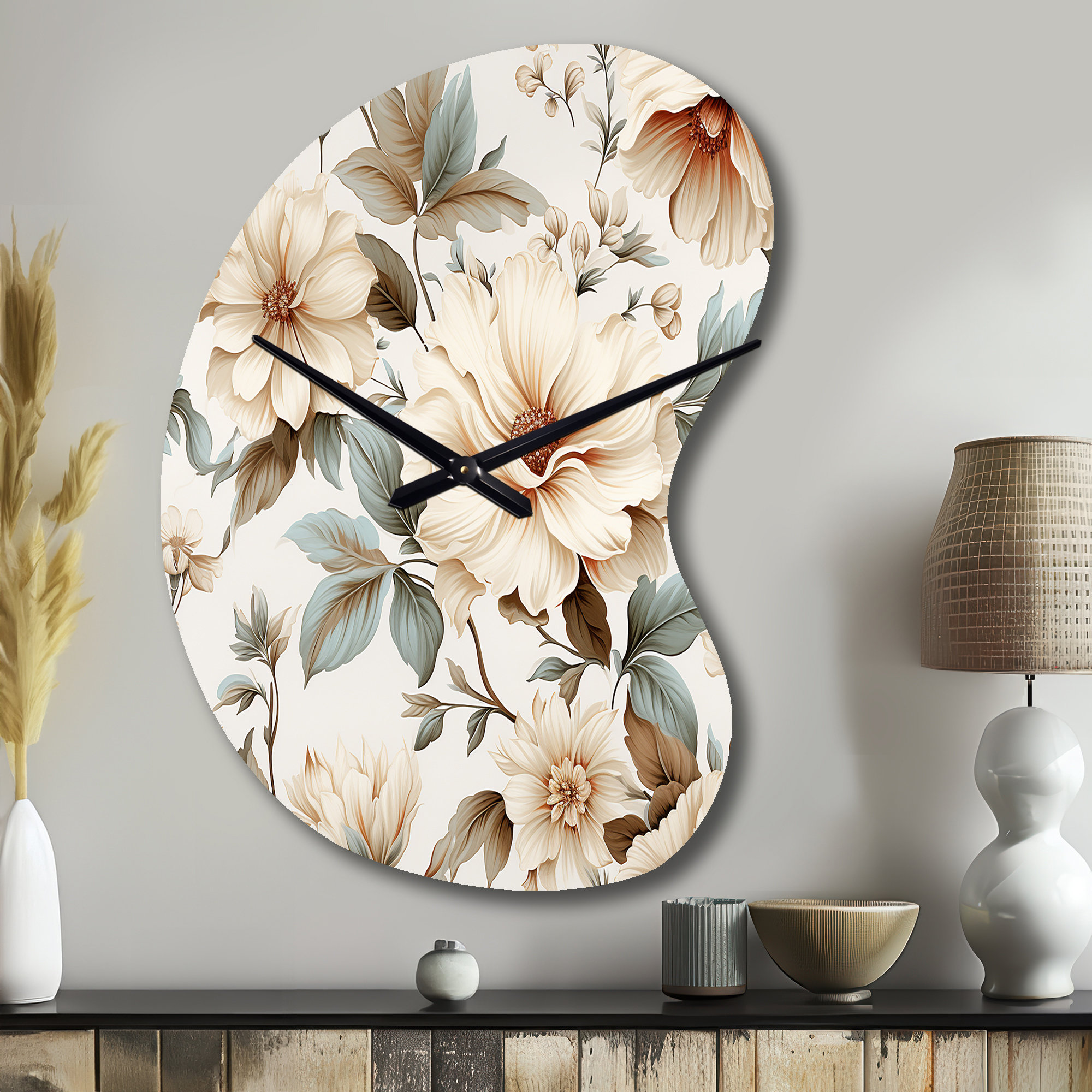 Design Art Vintage Florals - Plants Asymmetrical Metal Wall Clock ...