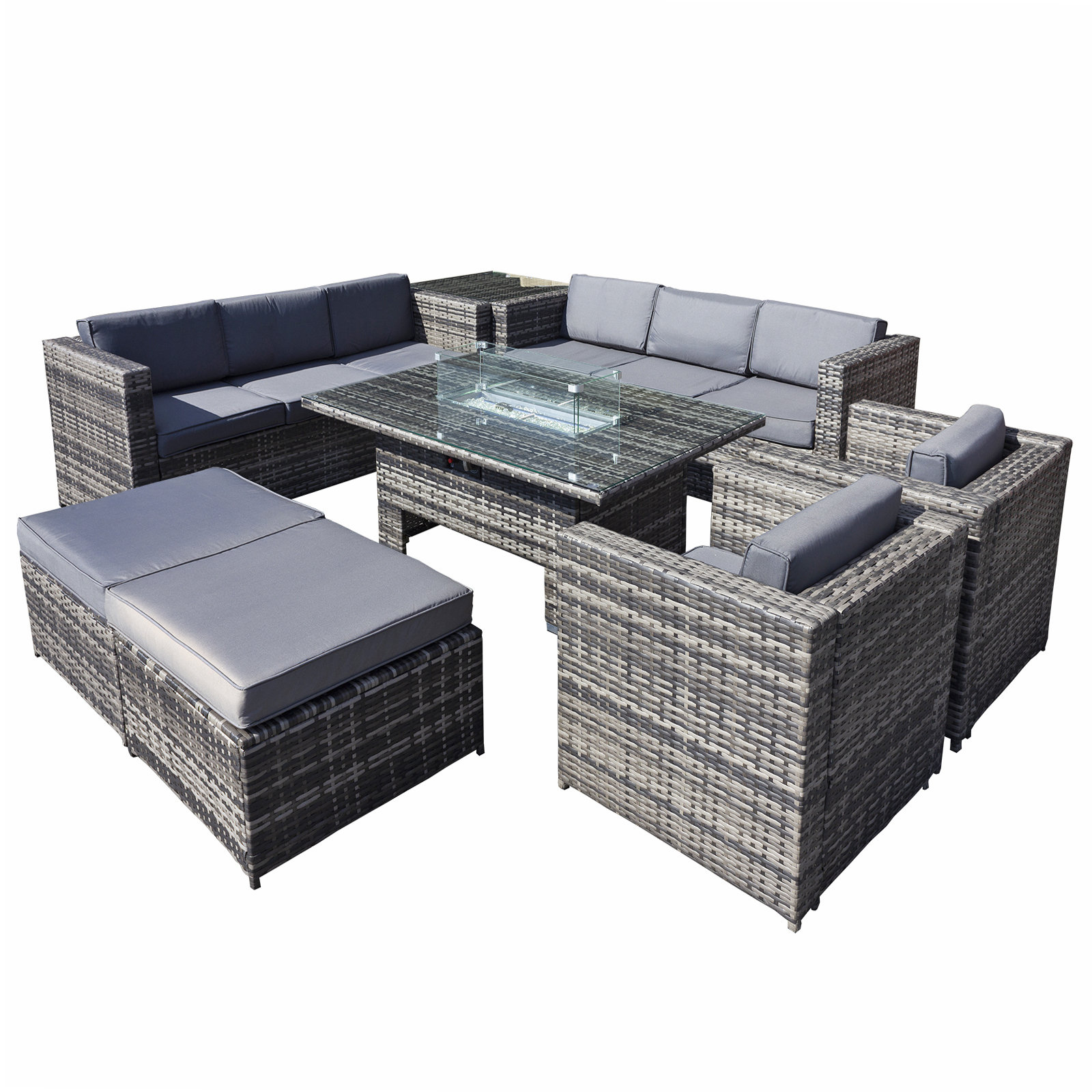 Brayden Studio Malta Rattan 10 Seat Rising Firepit U-Shape Set in Grey ...