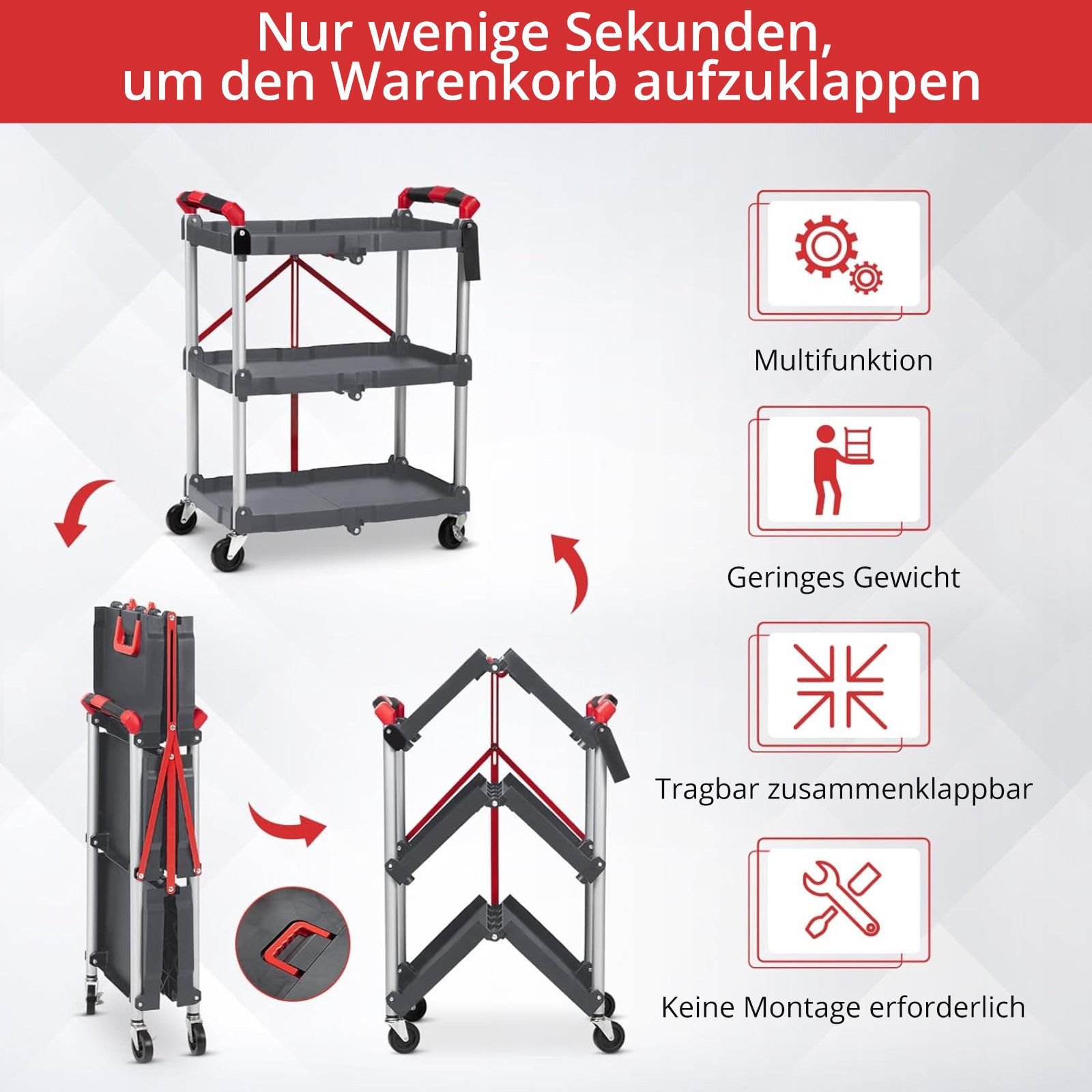 idealhouse Plastic Three-Tier Folding Cart - Utility Cart, Folding Cart ...