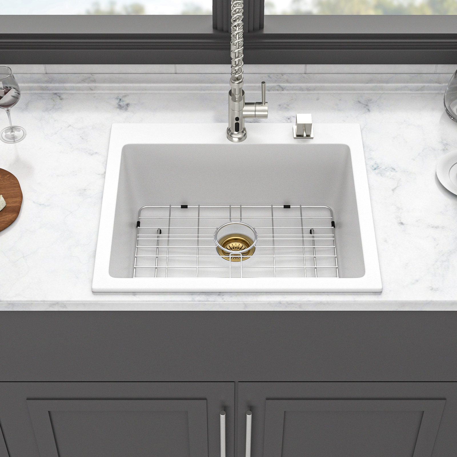 LICEN-Home Quartz Kitchen Sink - 25X22" Granite Composite Drop In ...