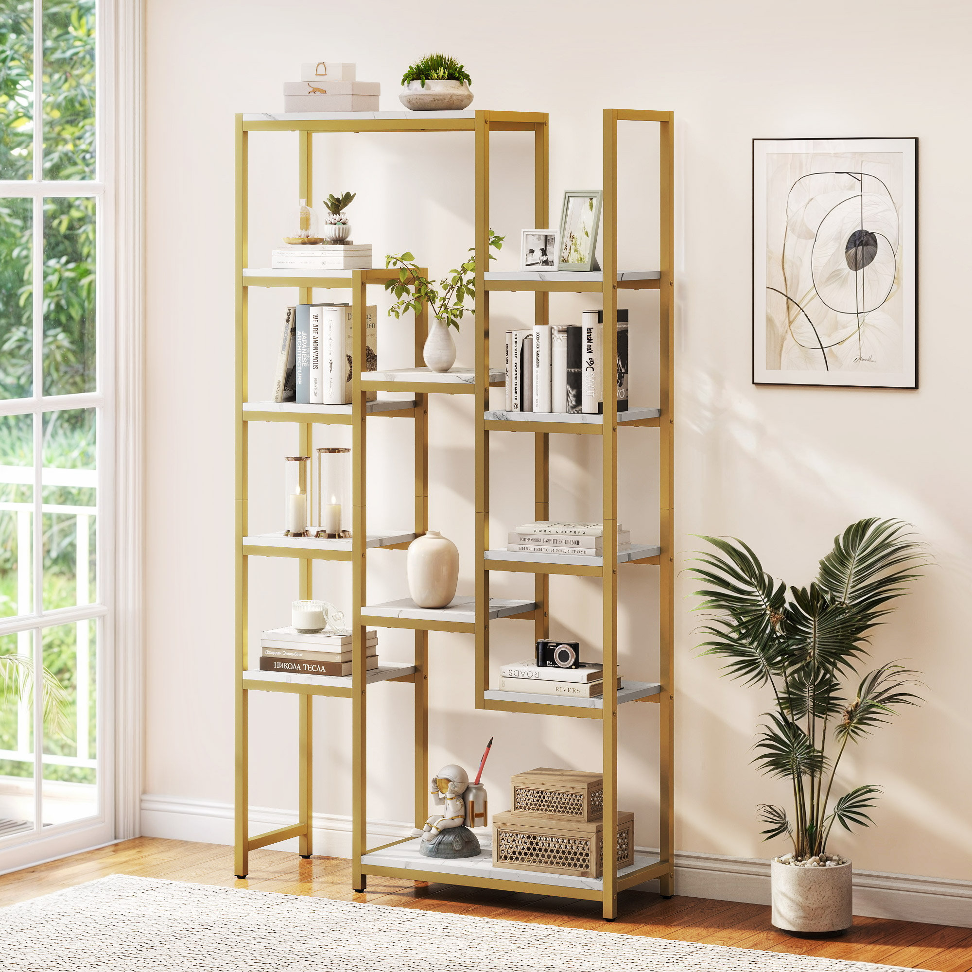 Mercer41 Argenziano 71.06"H Marble Wood Geometric Etagere Bookcase with ...