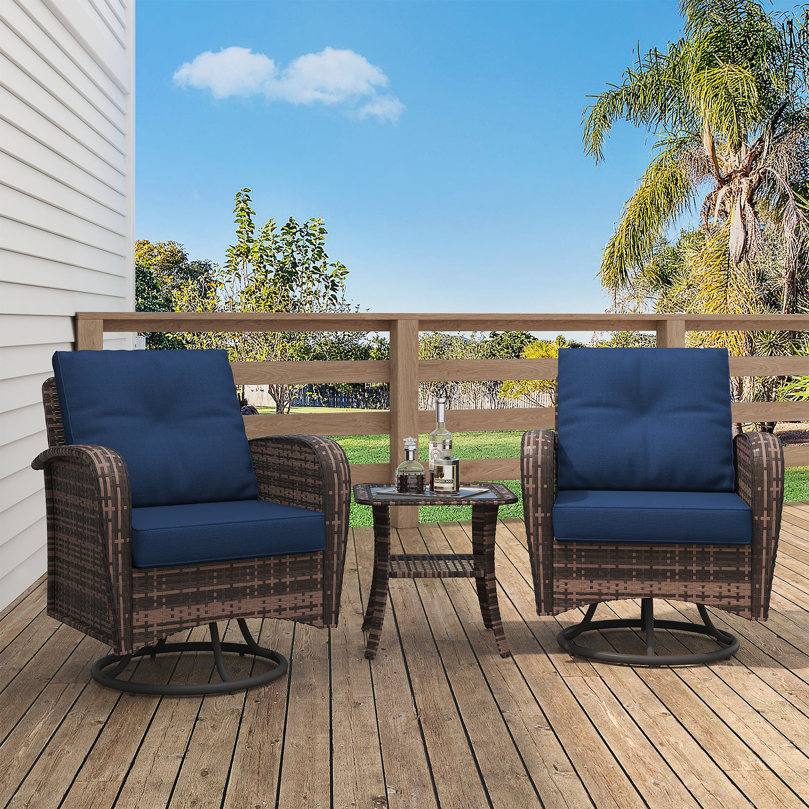 Dakota Fields 3 - Piece Patio Swivel Rocking Chair Set With Pe Rattan ...