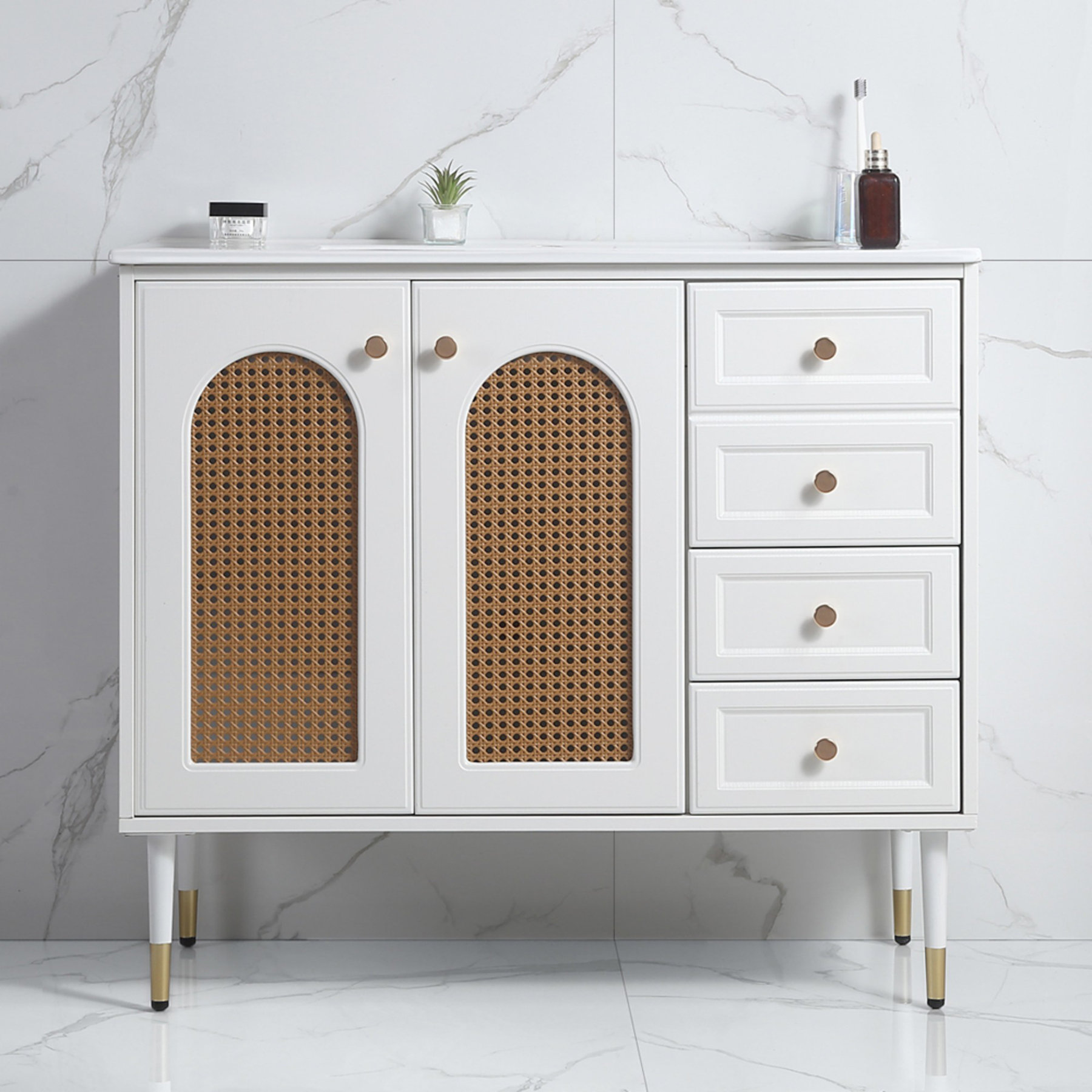 Ebern Designs Rattan Bathroom Storage Cabinet with Two Doors and Drawer ...