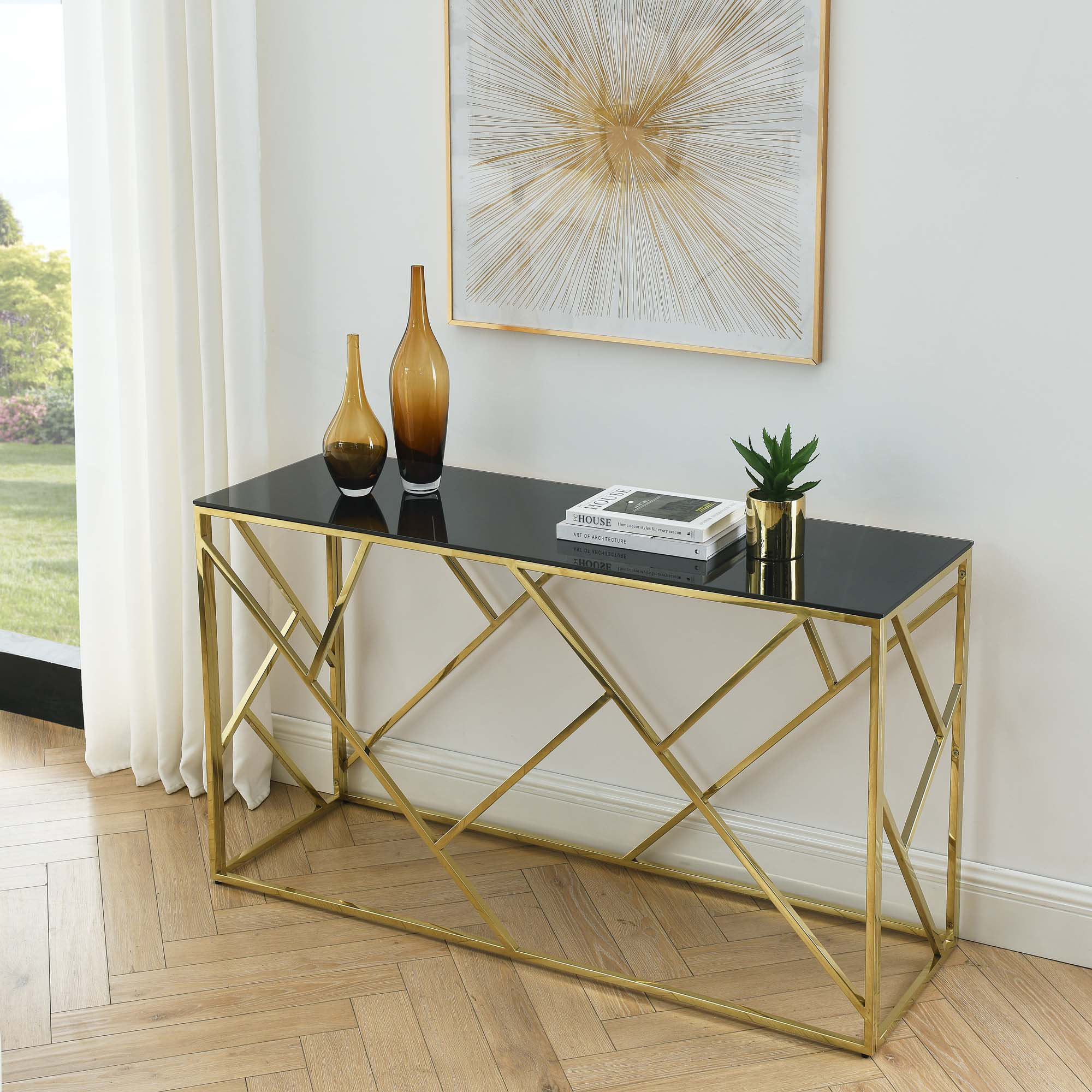Brayden Studio Modern Glass Console Table, 55" Gold Sofa Table With ...