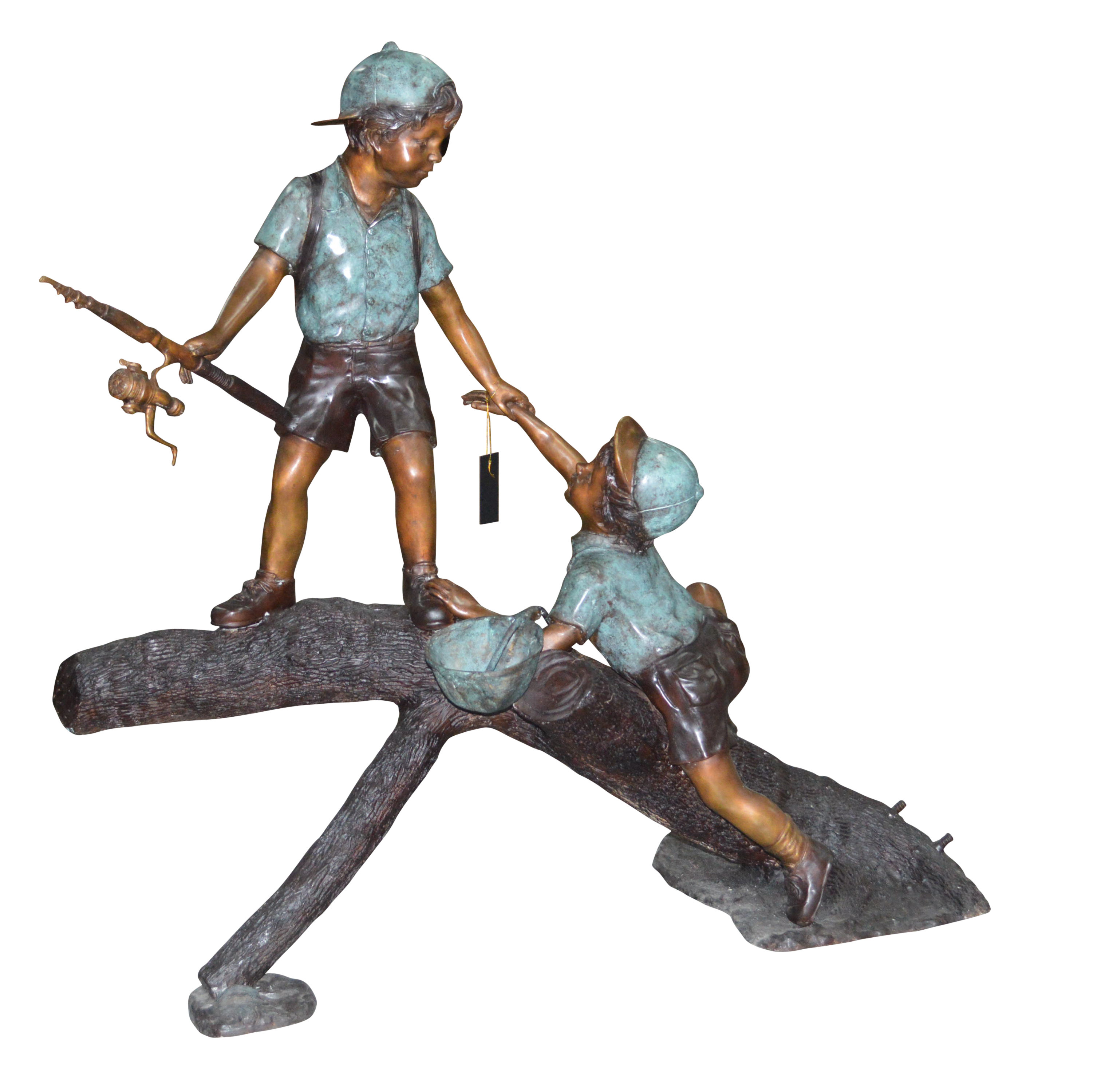 Bloomsbury Market Amando Bronze Two Boys Fishing on Tree Log Bronze ...