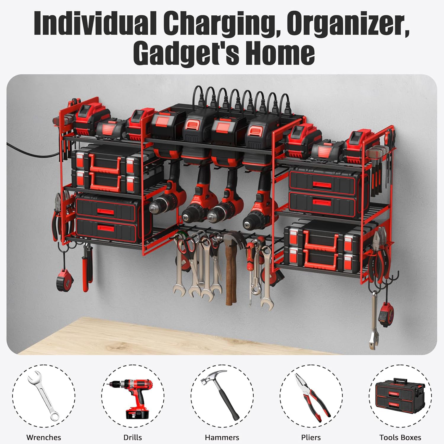 TWDAI Large Metal Tool Organizer Wall Mount Rack With 8 Drill Holders ...