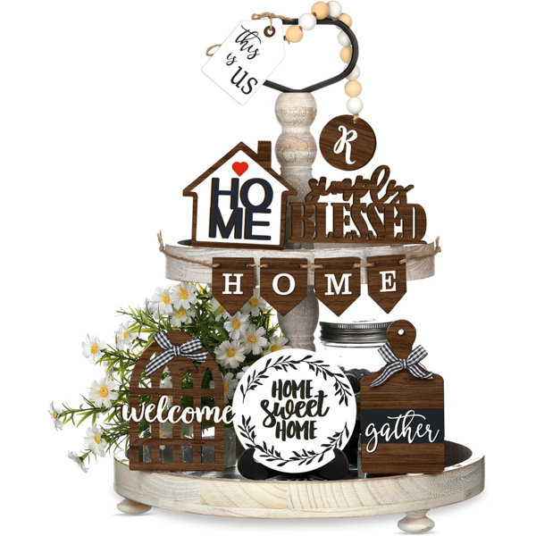 August Grove® 11 Pieces Farmhouse Tiered Tray Decor Home Wood Sign ...