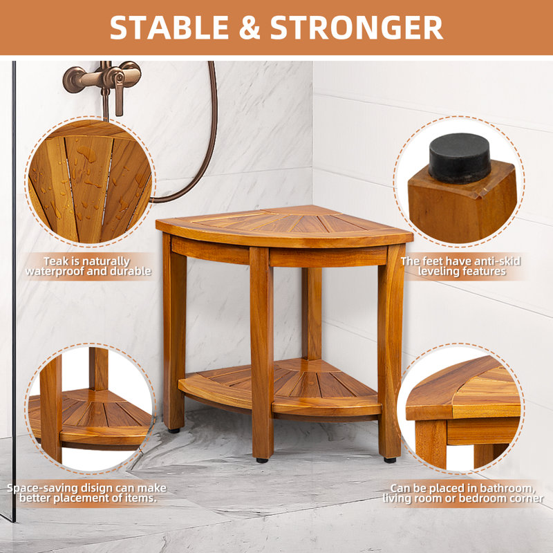 Wade Logan® Lamis 16'' W Teak Corner Shower Stool & Waterproof Shower ...