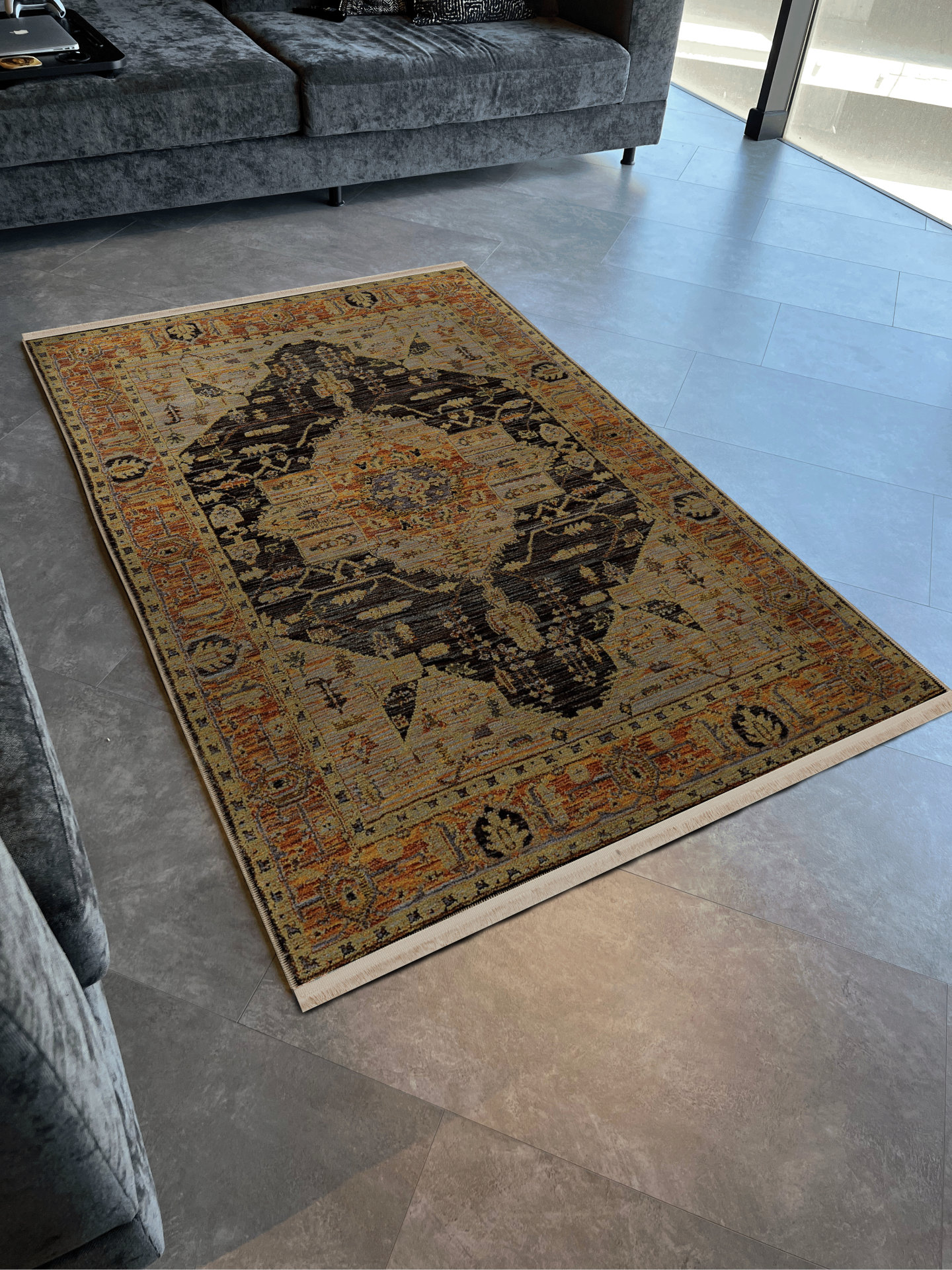 dark orange patterned rug