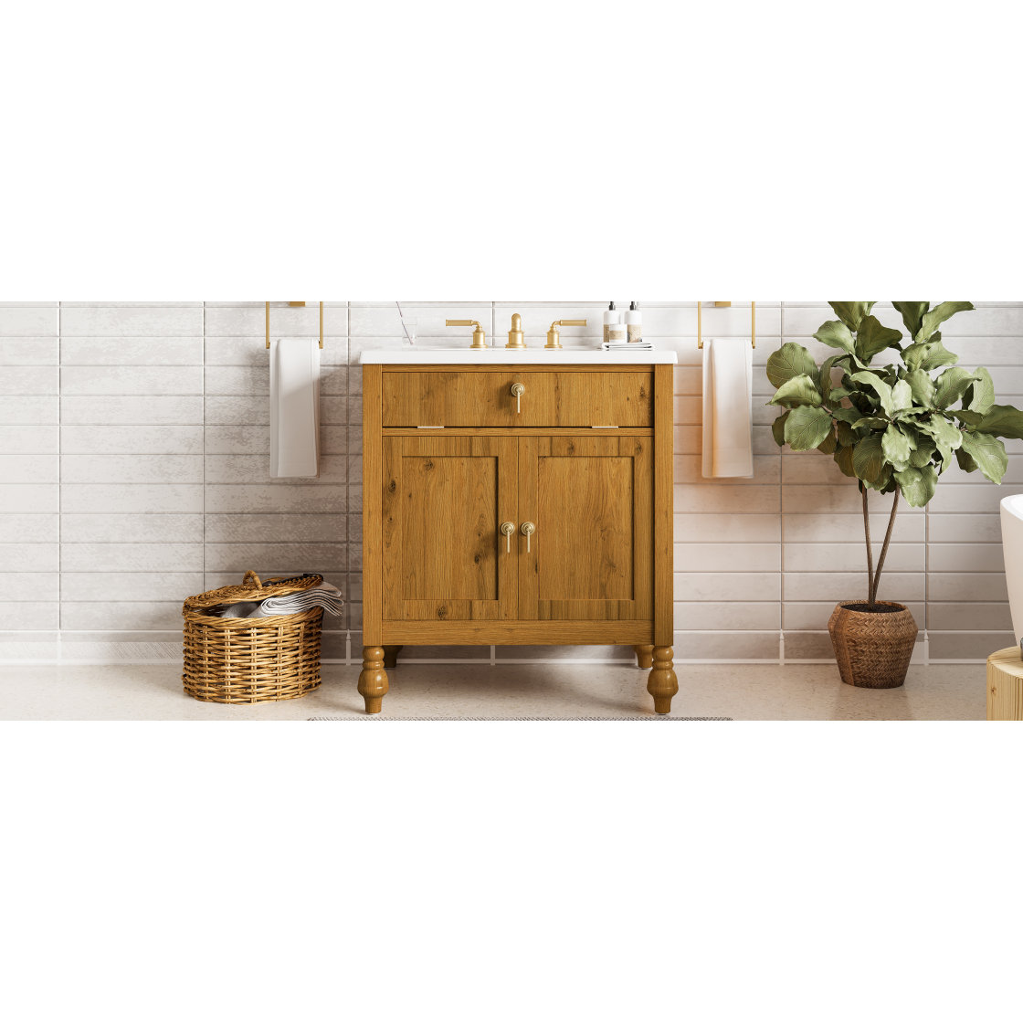 Ebern Designs 30-Inch Walnut Bathroom Vanity: Seashell Resin Sink, Flip ...